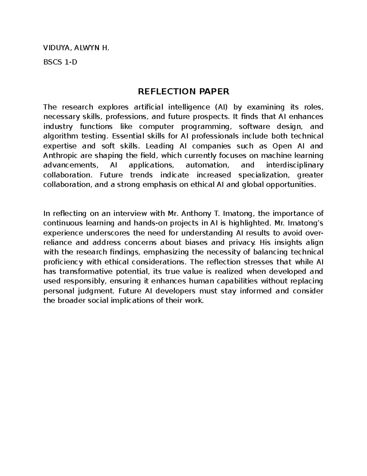 Document (reflection) - VIDUYA, ALWYN H. BSCS 1-D REFLECTION PAPER The ...