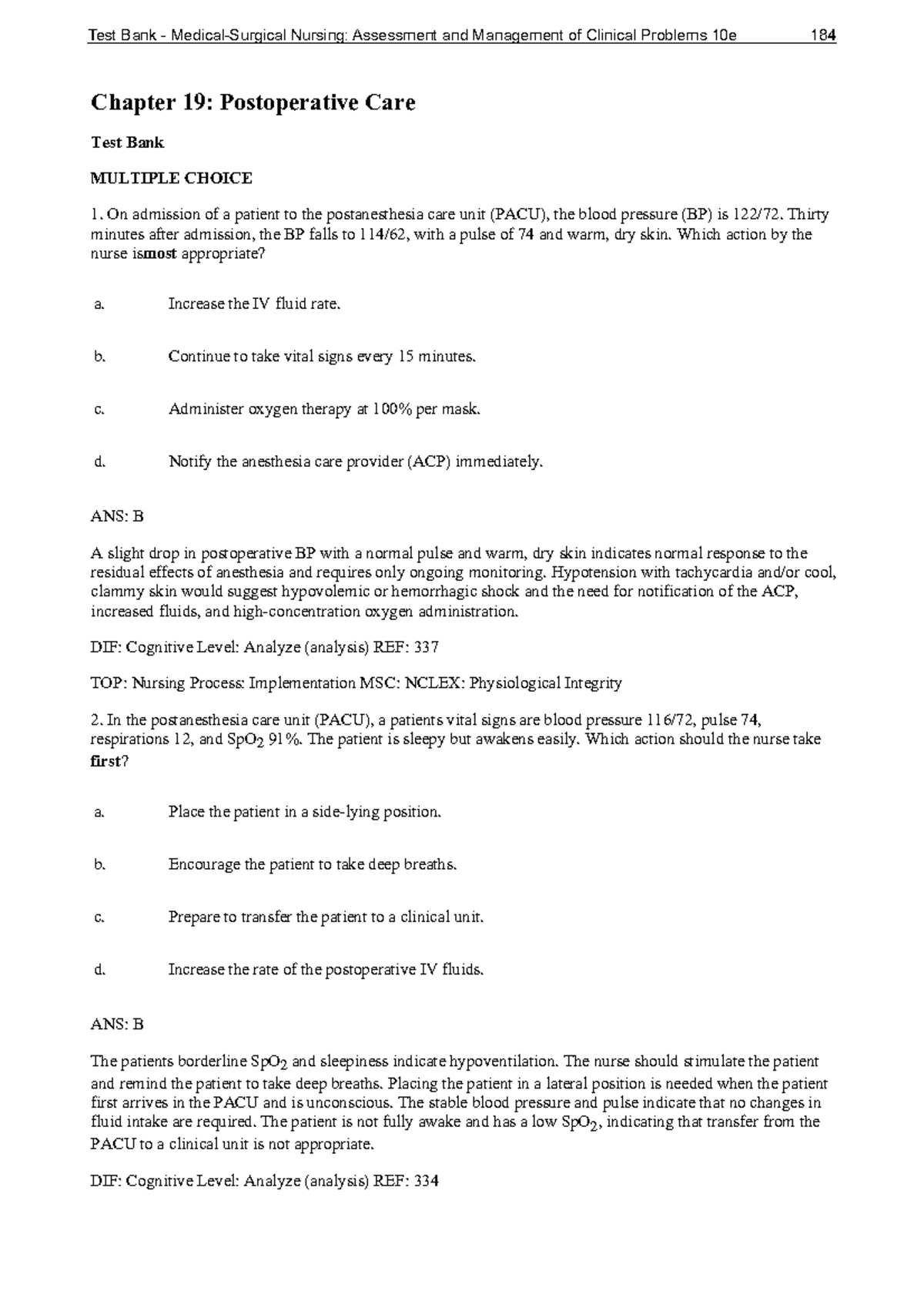 Chapter 19 Postoperative Care - Chapter 19: Postoperative Care Test ...