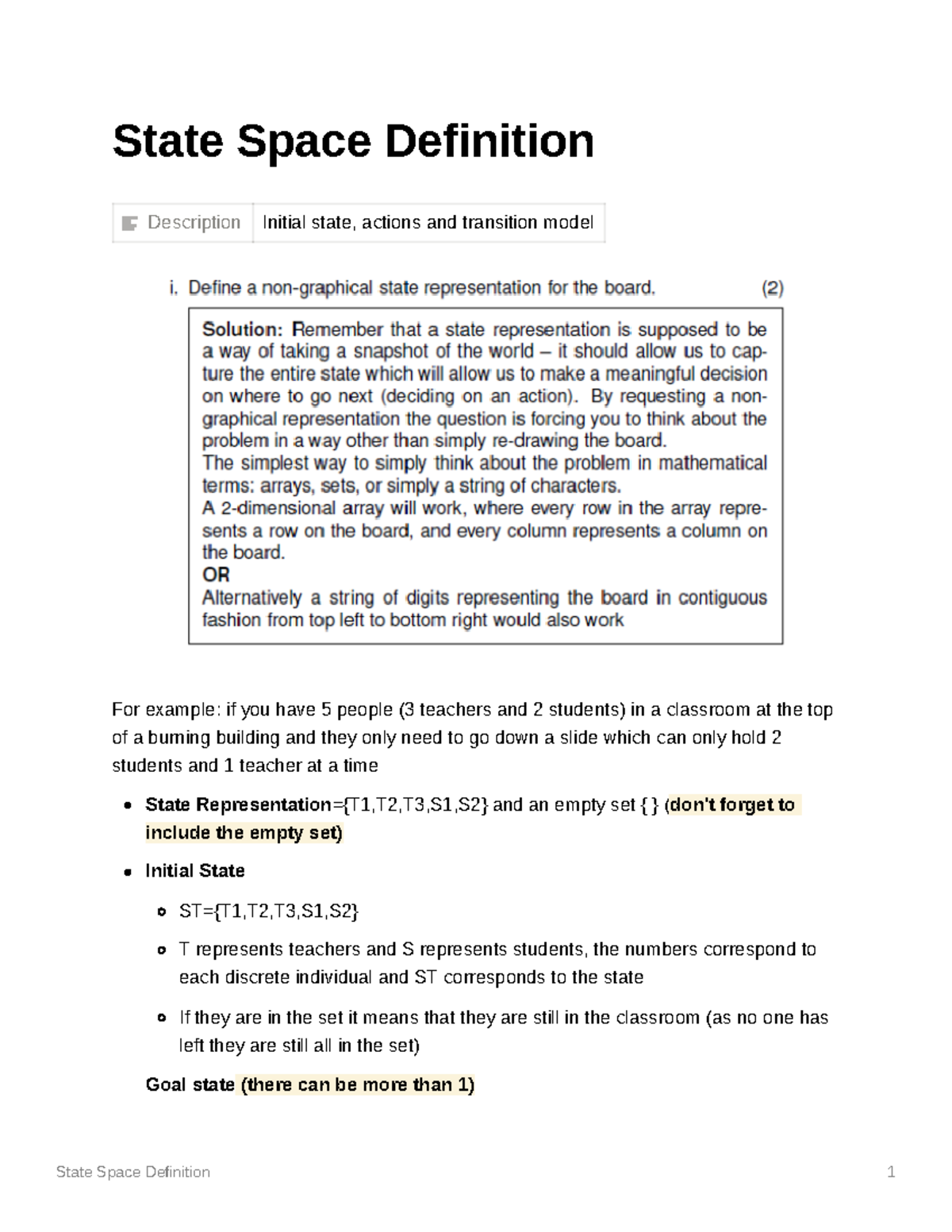 Chapter 2: State Space Definition - Description Initial state, actions ...