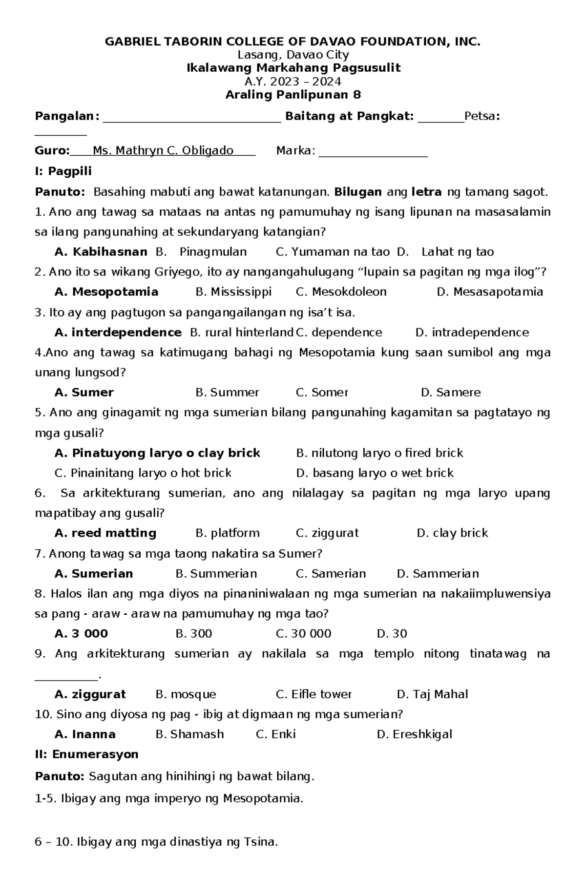 AP 8 Answer Key - AP 8 - GABRIEL TABORIN COLLEGE OF DAVAO FOUNDATION ...