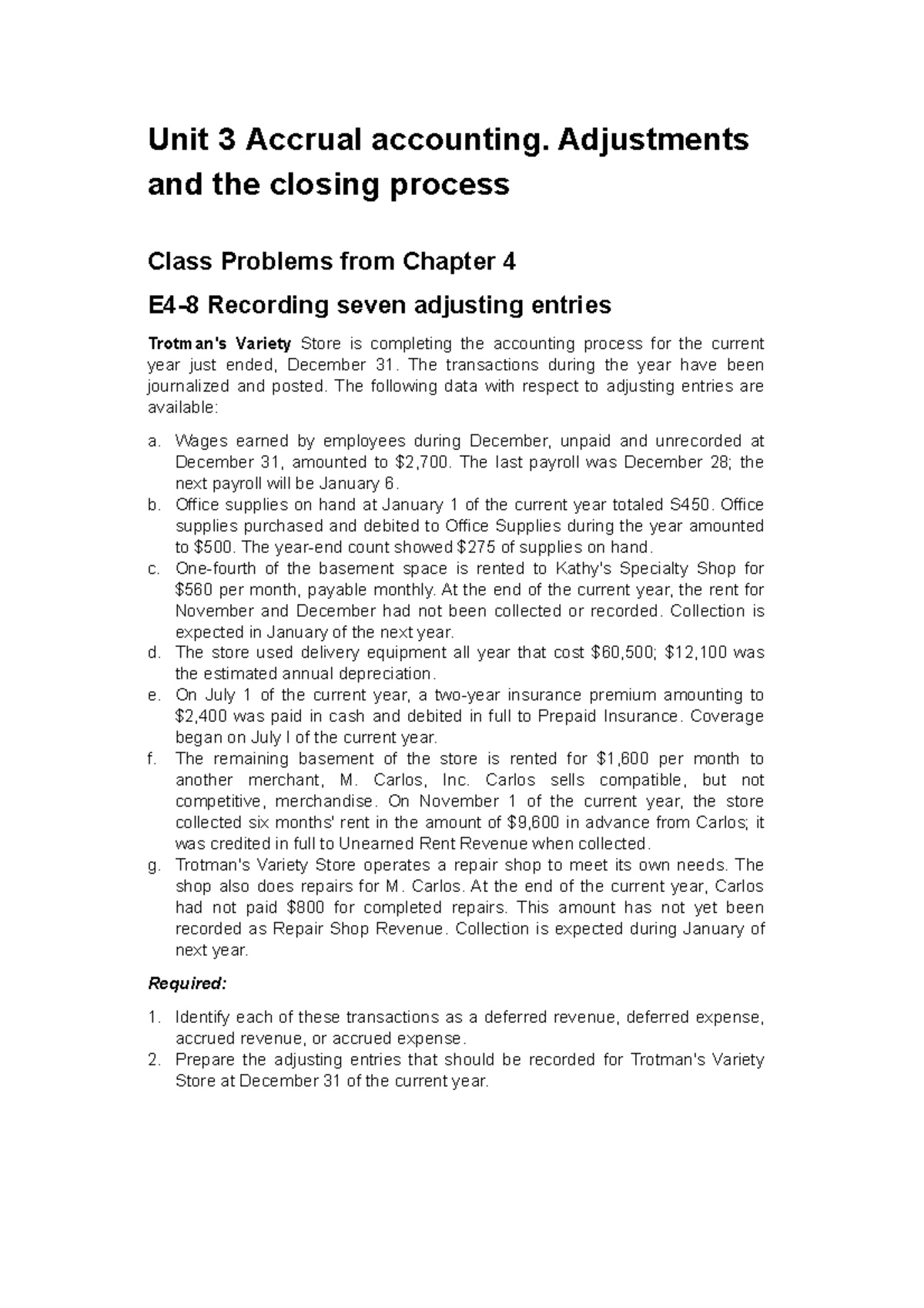 UNIT 3 Problems in the Class Chapter 4 - Unit 3 Accrual accounting ...