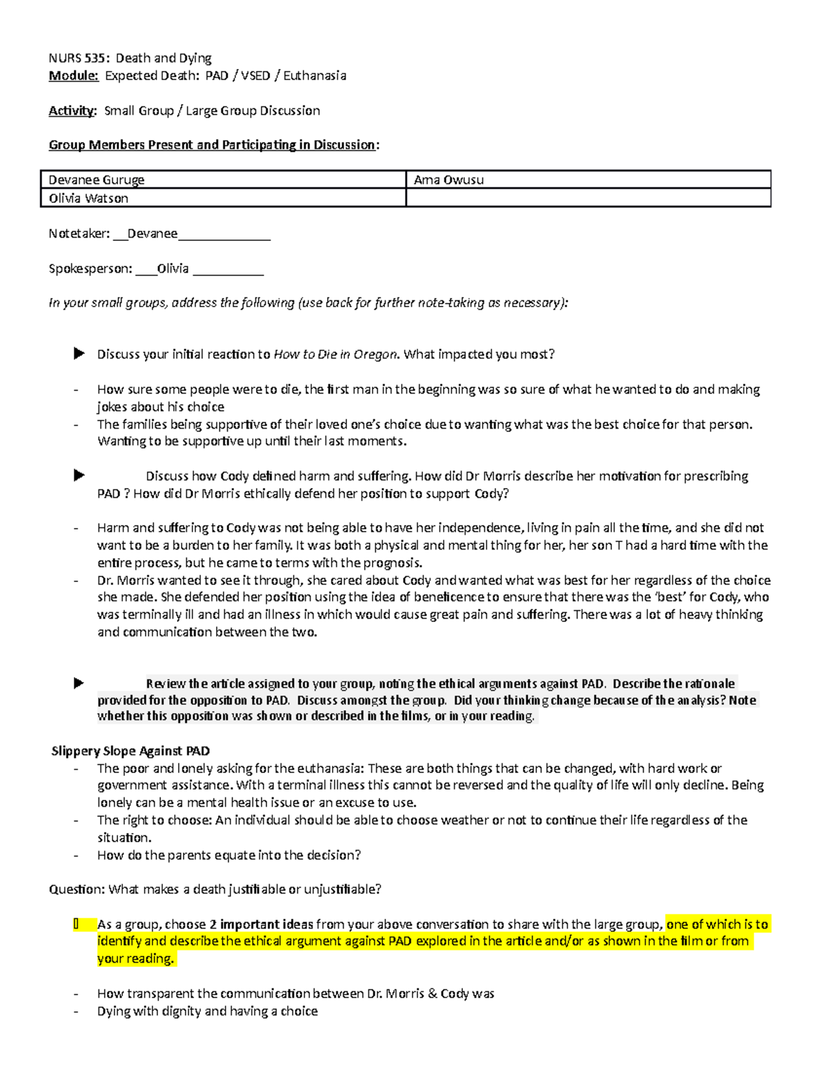 DD Expected Death PADSm Grp Disc - NURS 535: Death and Dying Module ...
