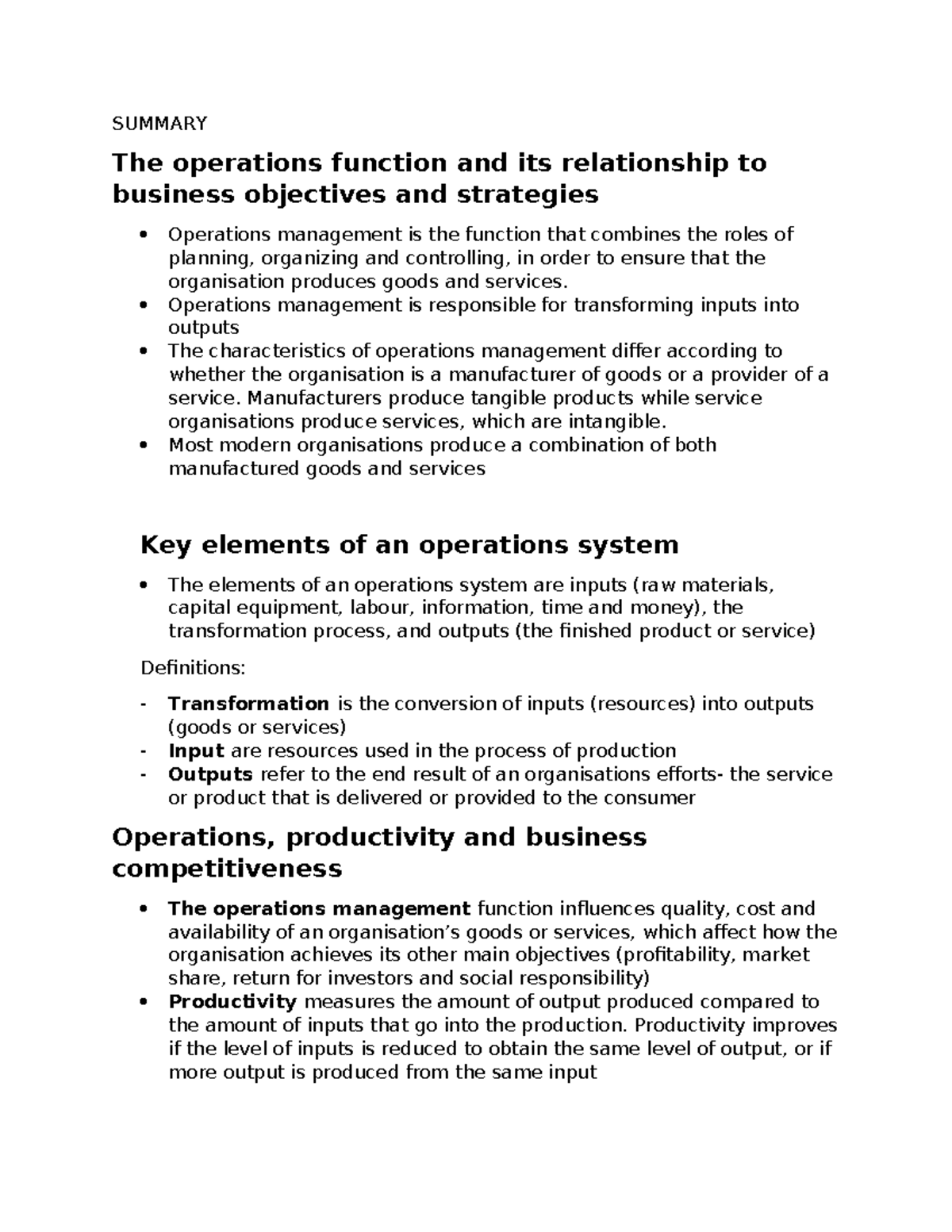 Operations Management business - SUMMARY The operations function and ...