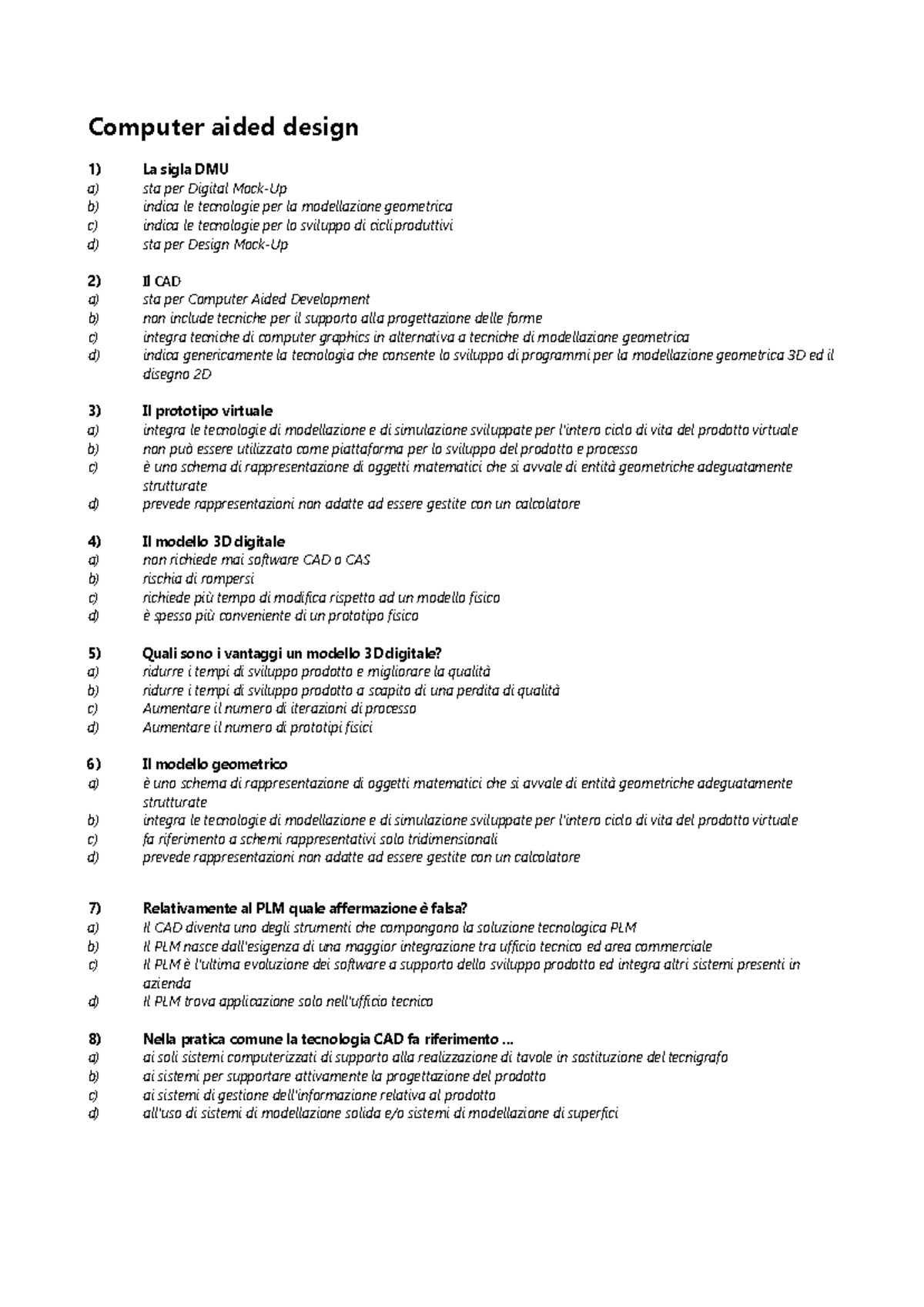 Computer Aided Design - SET DI Domande - Computer aided design 1) La ...