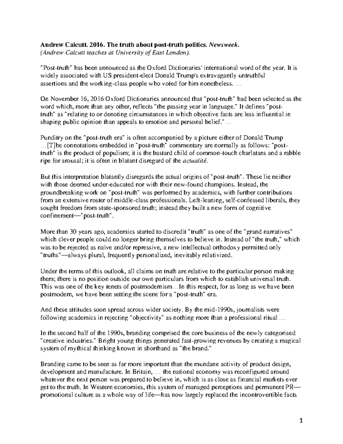 Post-truth politics in America - Andrew Calcutt. 2016. The truth about ...