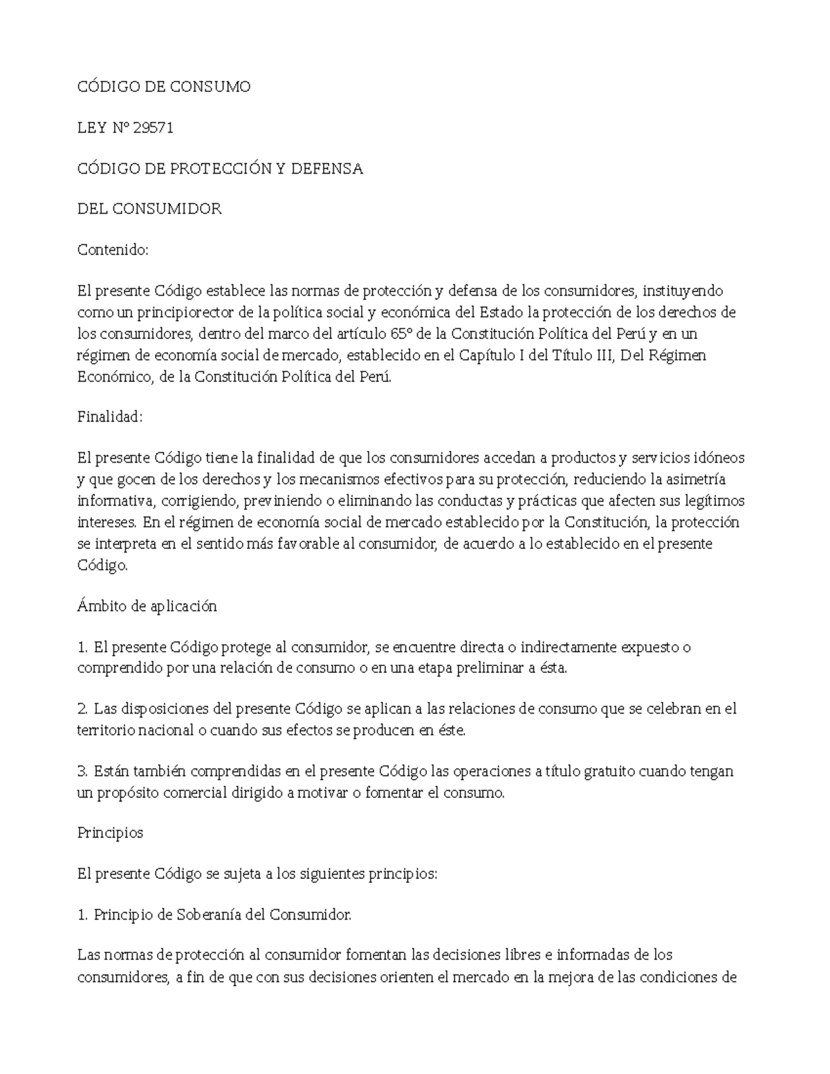 Codigo Peruano - CÓDIGO DE CONSUMO LEY Nº 29571 CÓDIGO DE PROTECCIÓN Y DEFENSA DEL CONSUMIDOR ...