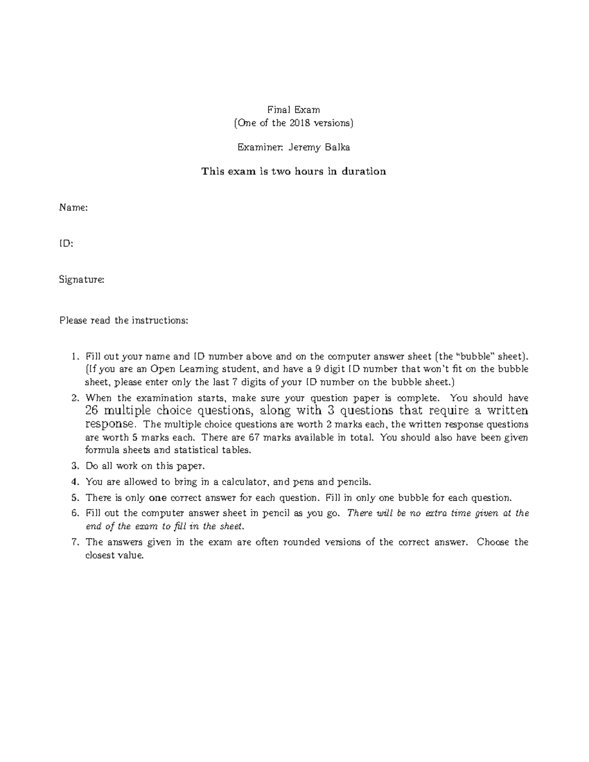 2018 Final Exam Stats 2040 Guelph - Final Exam (One of the 2018 ...