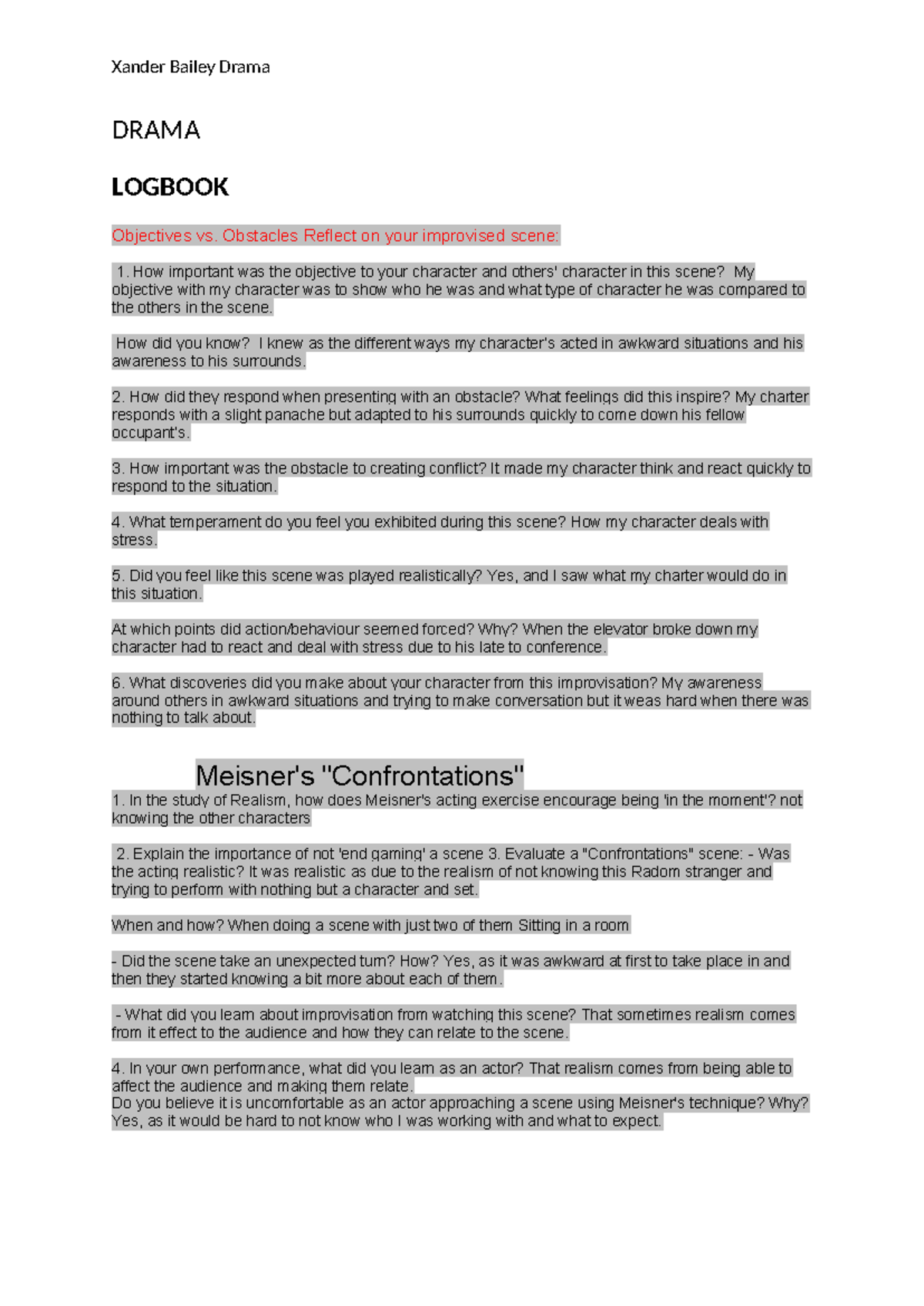 Drama logbook - ugiugigiugu - DRAMA LOGBOOK Objectives vs. Obstacles ...