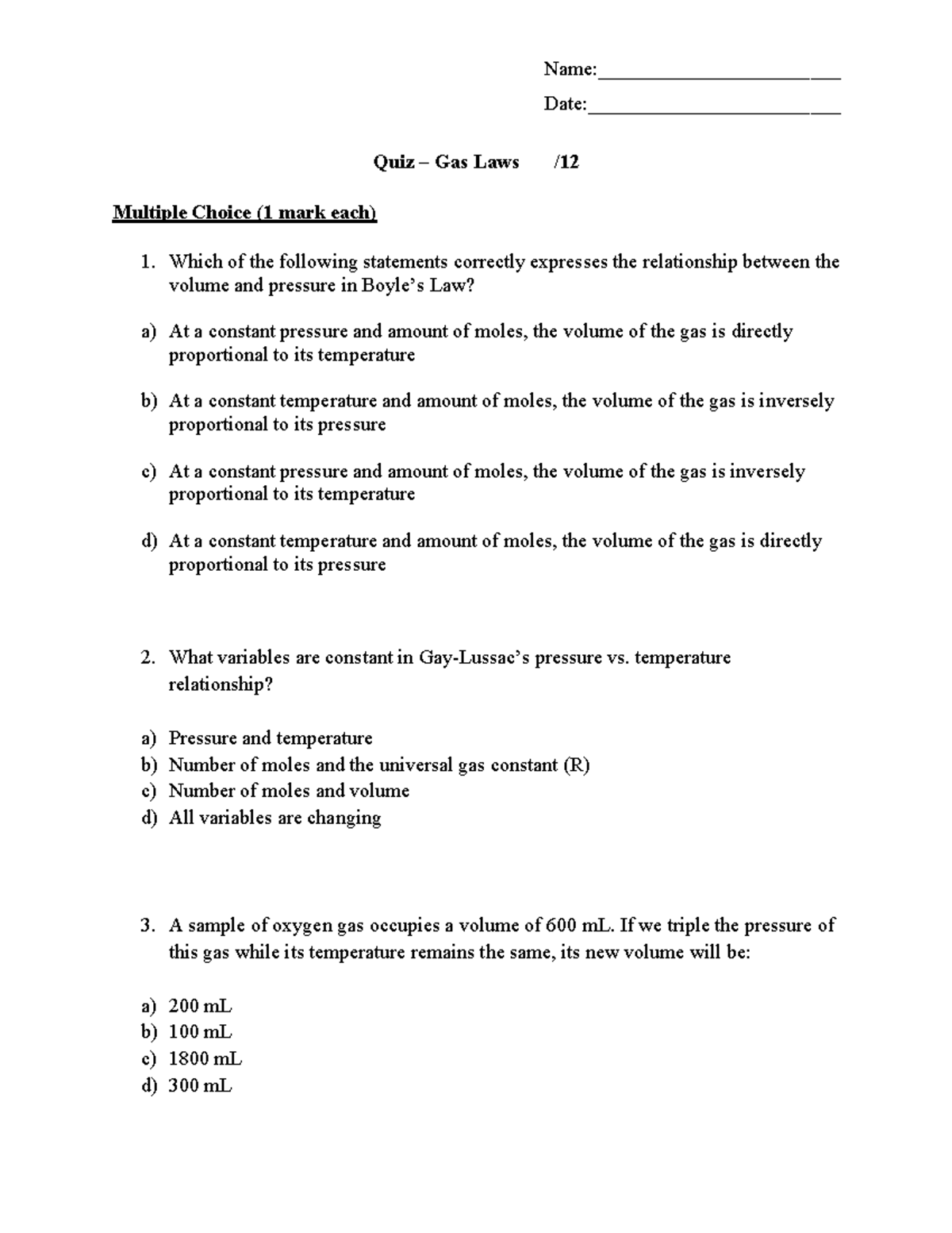 12-Quiz on Gas Laws 2022 - Name:________________________ Date ...
