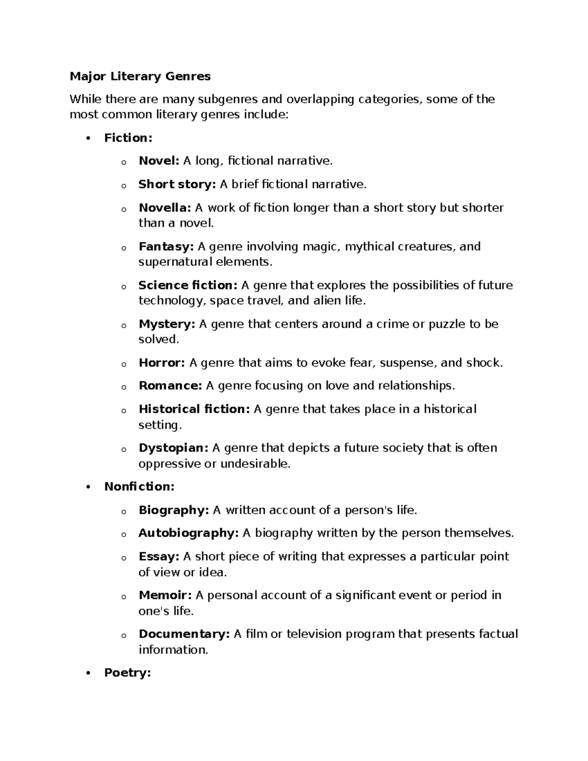 Major Literary Genres - Major Literary Genres While there are many ...