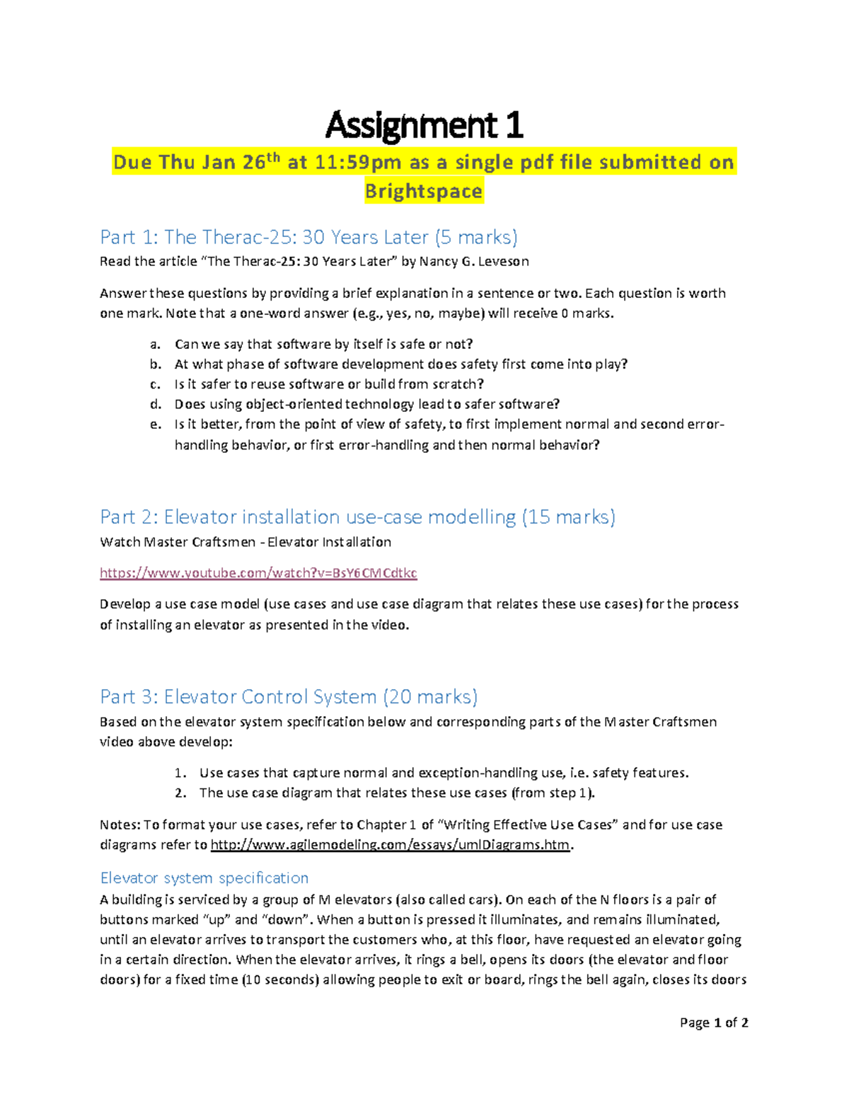 Assignment 1 Specification - Page 1 of 2 Assignment 1 Due Thu Jan 26th at 11:59pm as a single ...