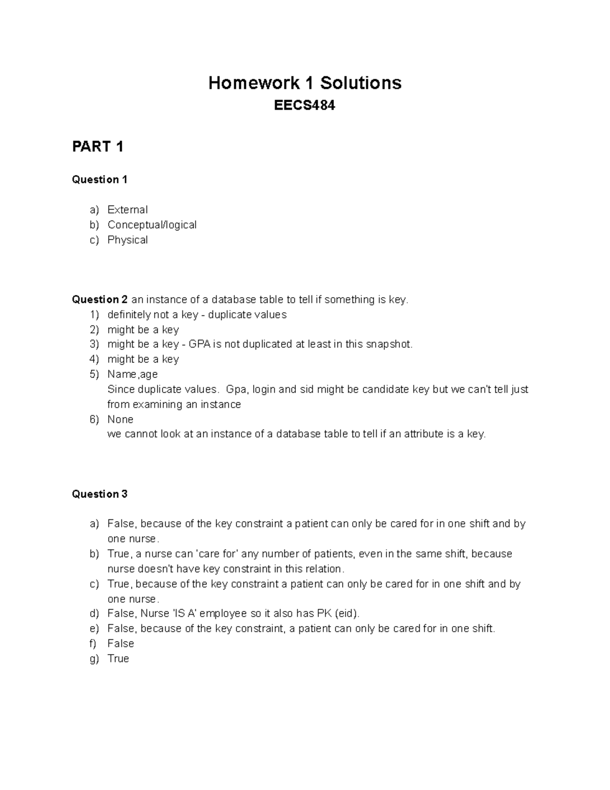 Hw1sol - solution - Homework 1 Solutions EECS PART 1 Question 1 a) External b) Conceptual ...