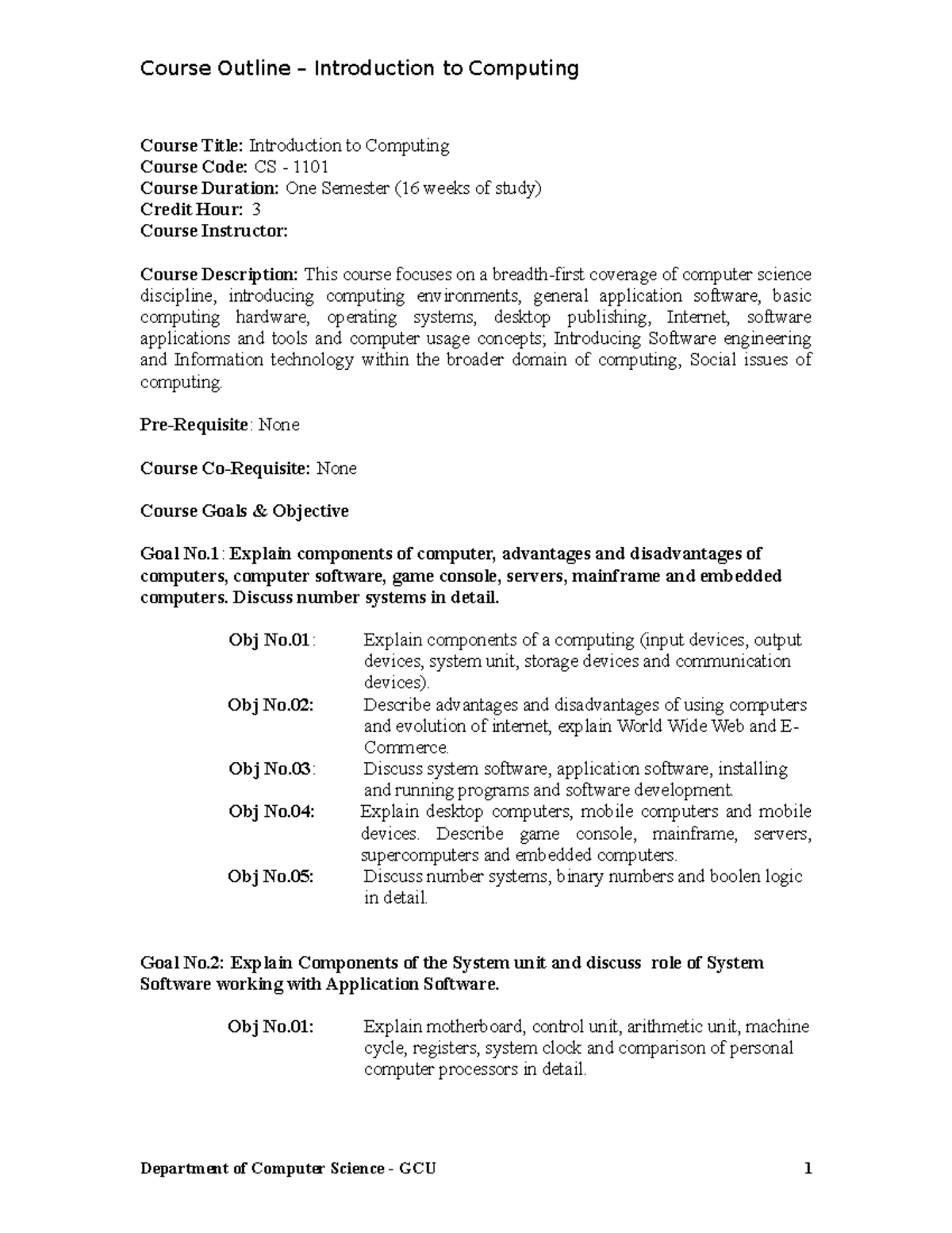 Course Outline Introduction to Computing - Course Title: Introduction ...