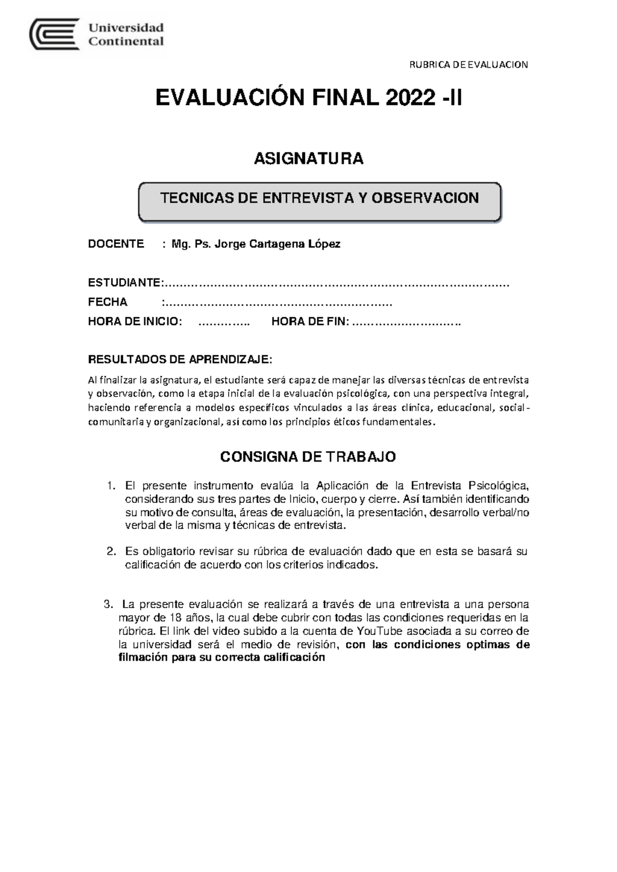 Rubrica DEL Examen Final 2022 II ok-1 - RUBRICA DE EVALUACION EVALUACIÓN FINAL 2022 - II ...