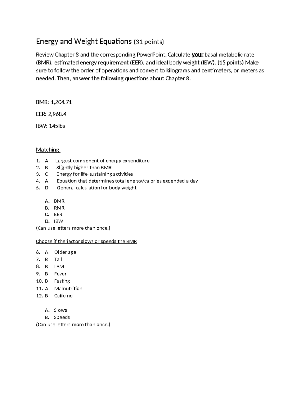 Energy Equation Assignment - Energy and Weight Equations (31 points ...