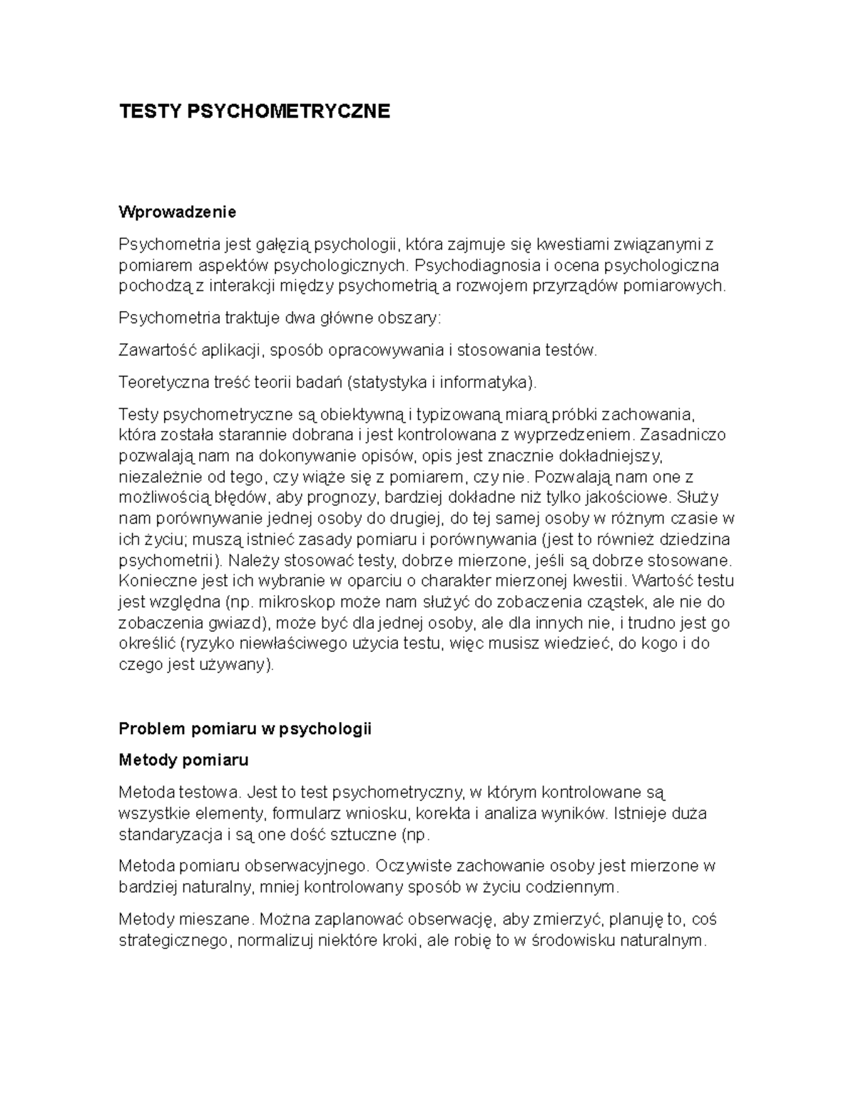 Testy psychometryczne - TESTY PSYCHOMETRYCZNE Wprowadzenie Psychometria ...
