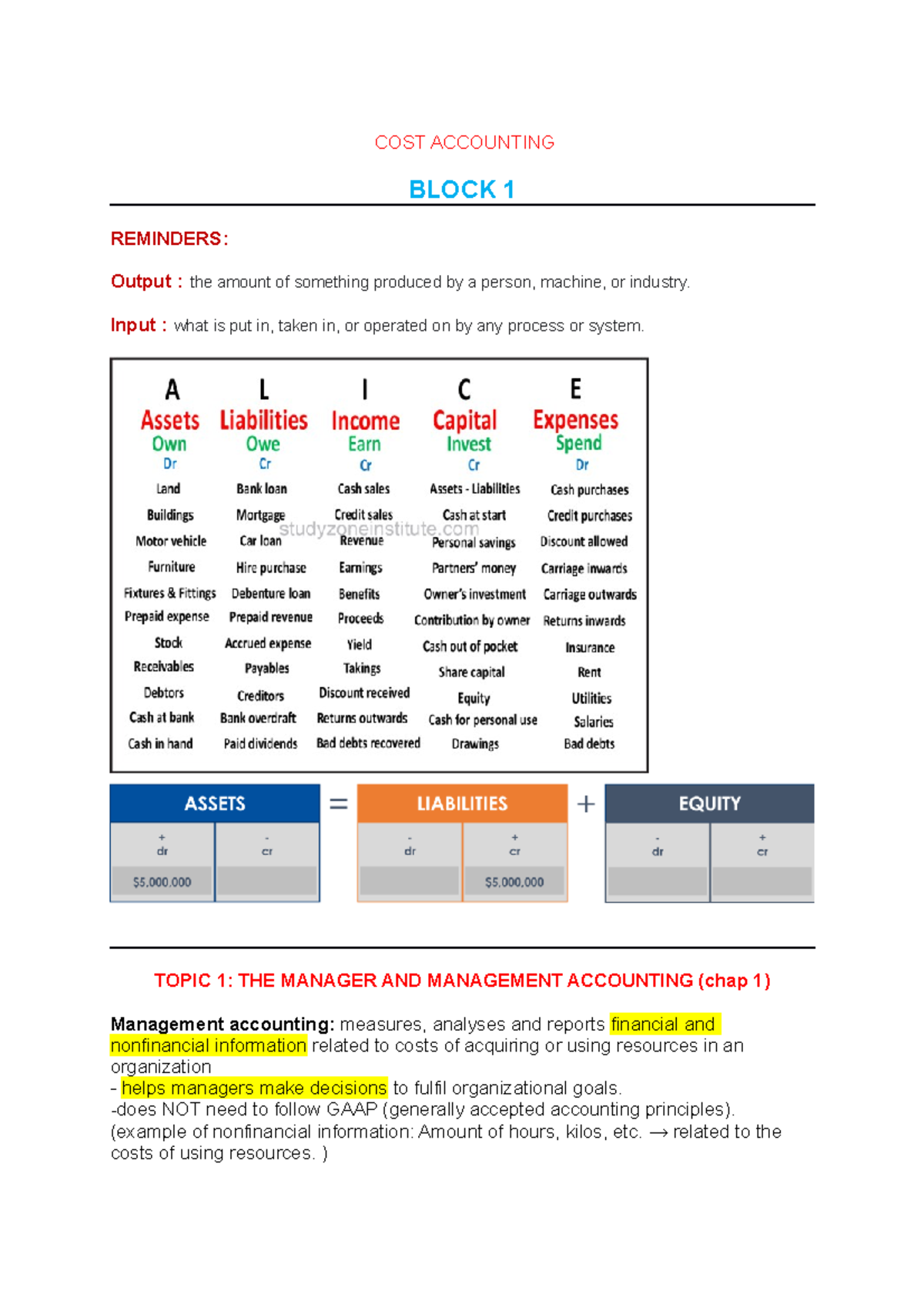 COST Accounting summary -Block 1 - COST ACCOUNTING BLOCK 1 REMINDERS ...