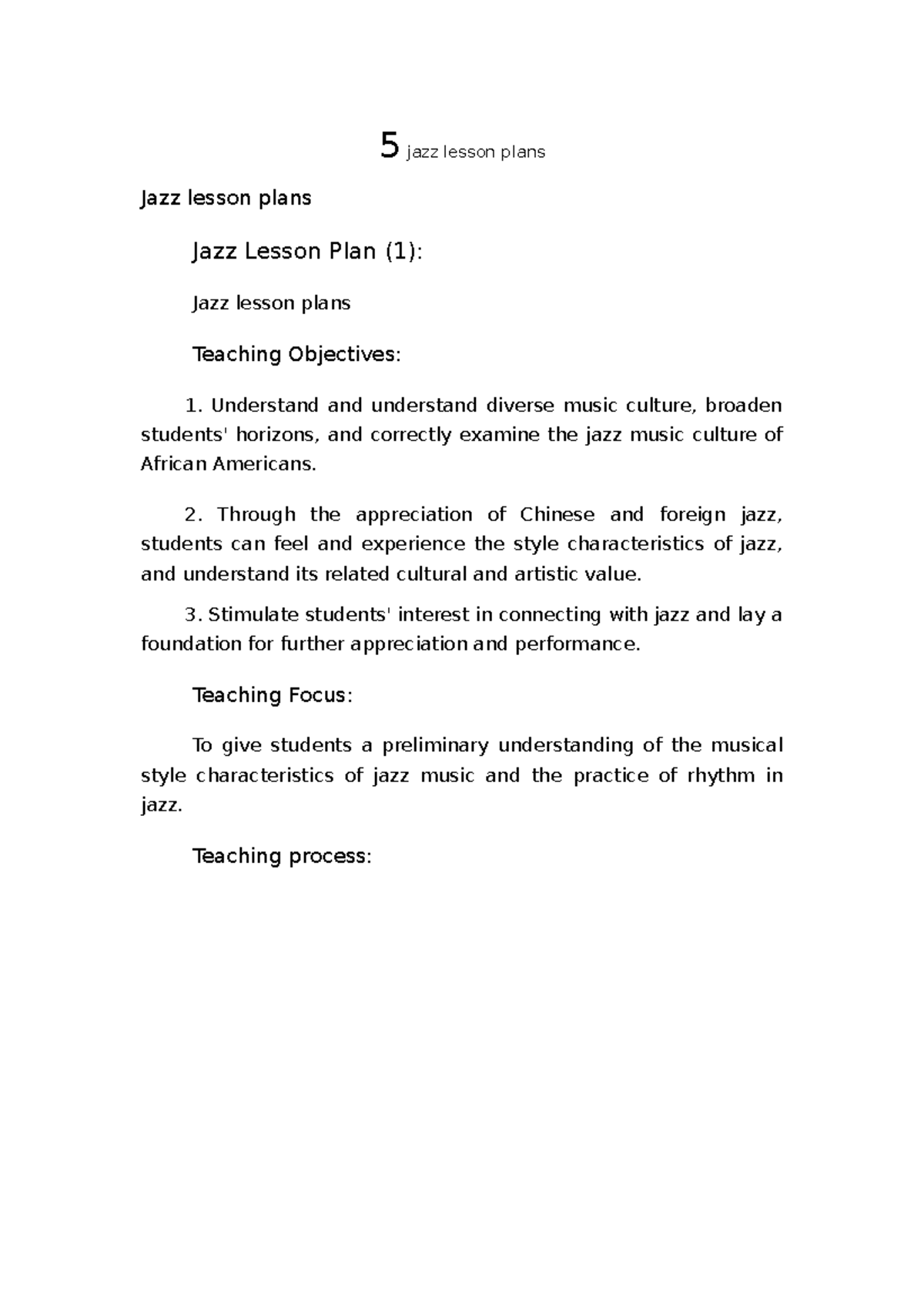 DANCE 152-jazz lesson plans - 5 jazz lesson plans Jazz lesson plans ...