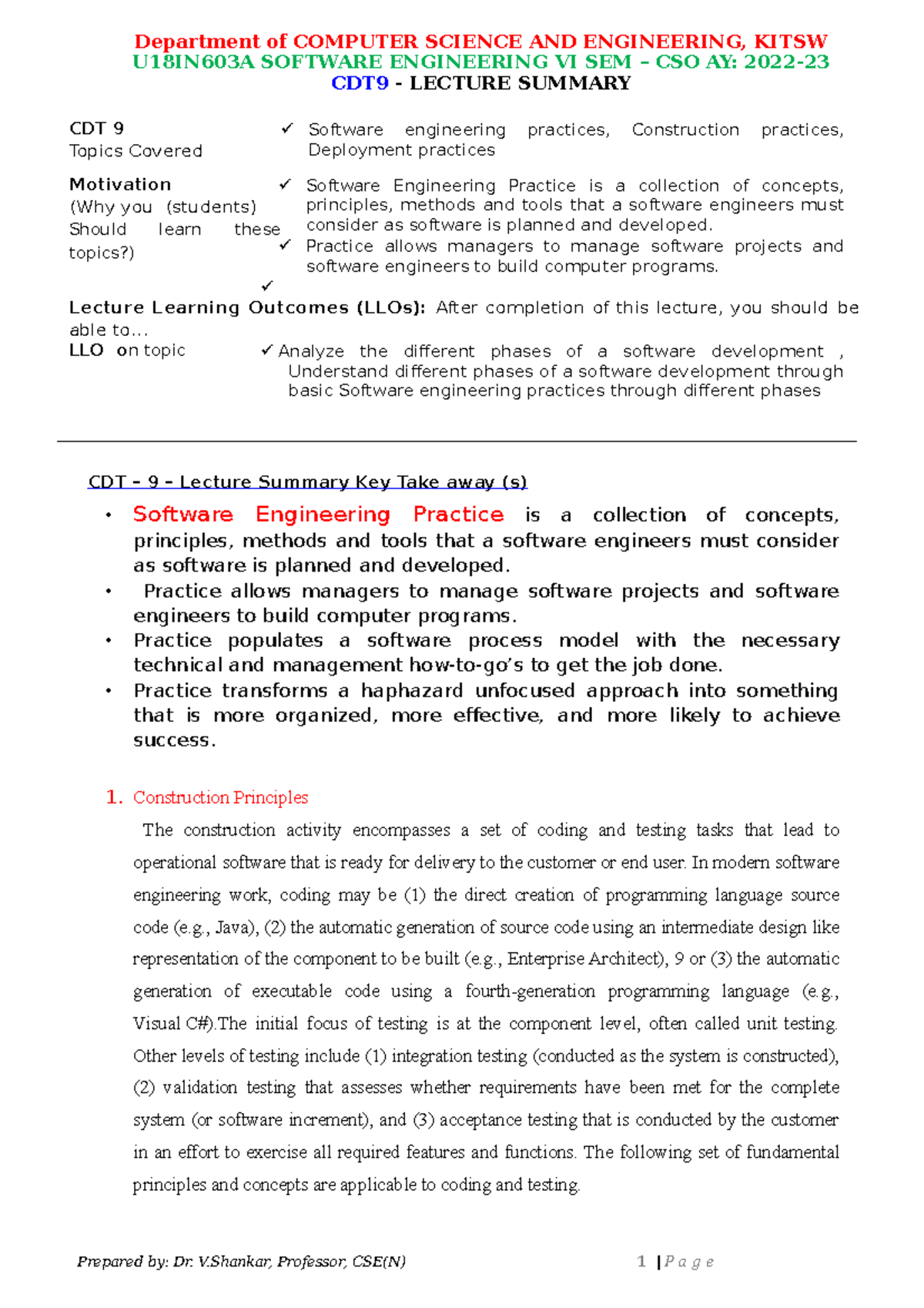 Construction and deployment Principles - U18IN603A SOFTWARE ENGINEERING VI SEM – CSO AY: 2022 ...