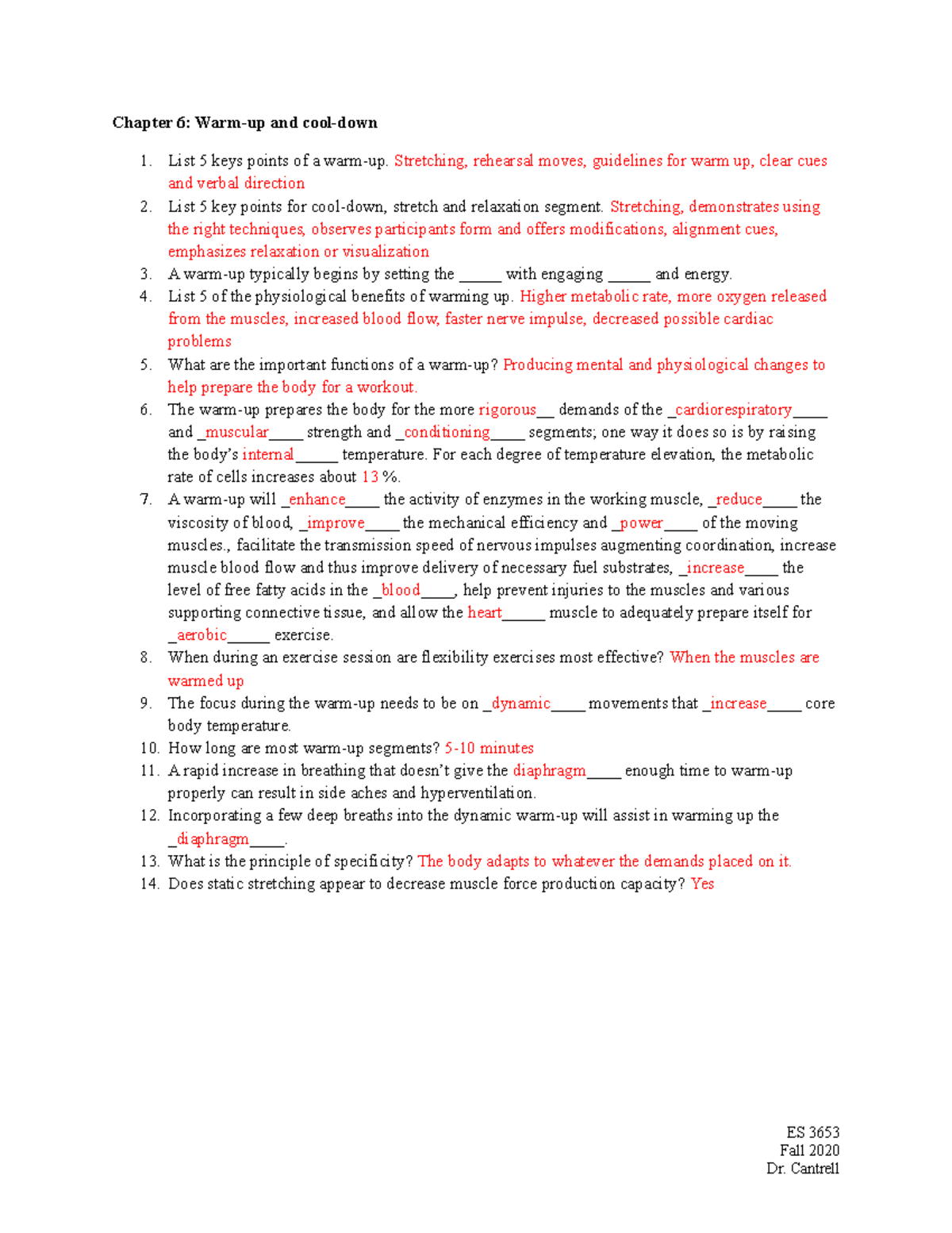 Chapter 6 Notes - Chapter 6: Warm-up and cool-down List 5 keys points ...