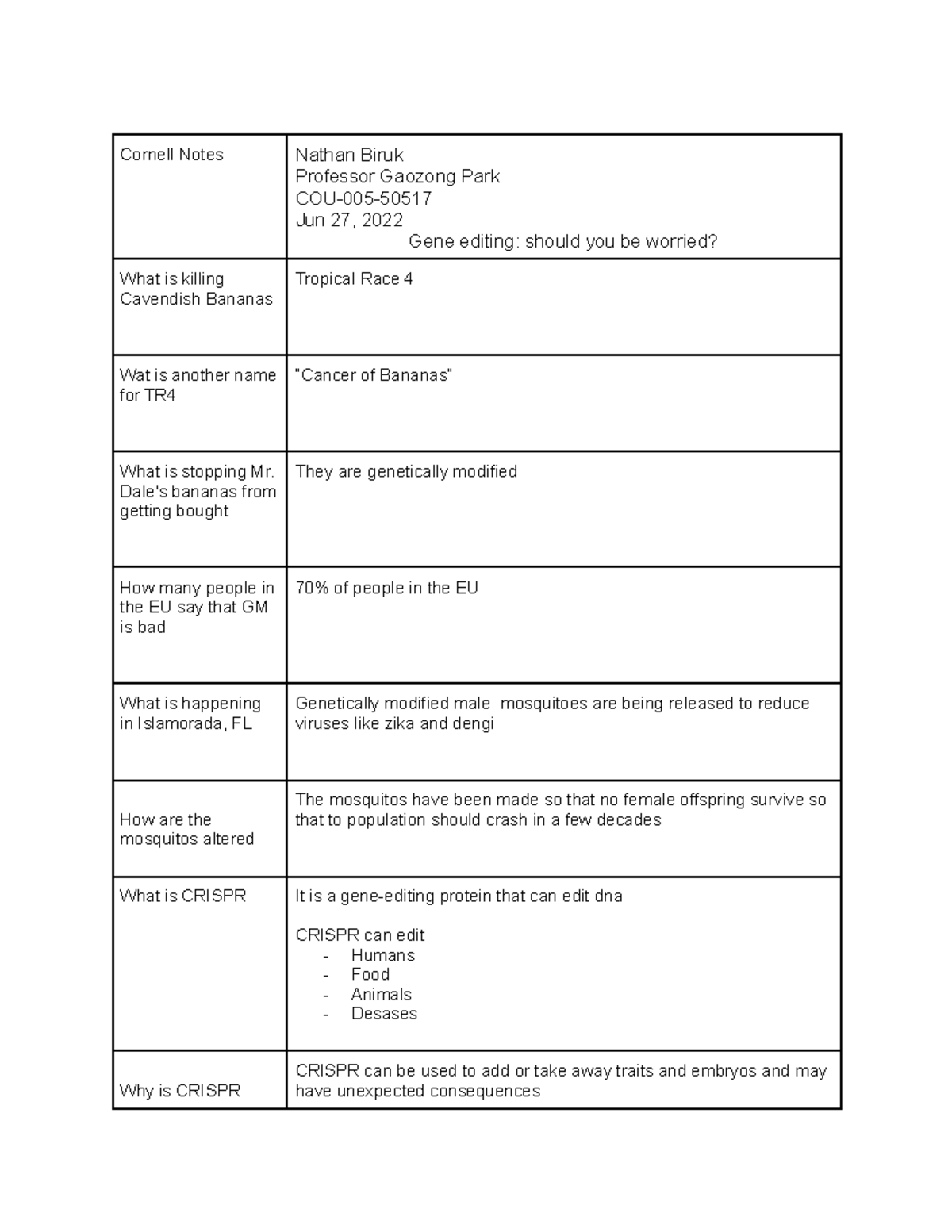 4.5 Cornell Notes - Nathan Biruk - Cornell Notes Nathan Biruk Professor ...