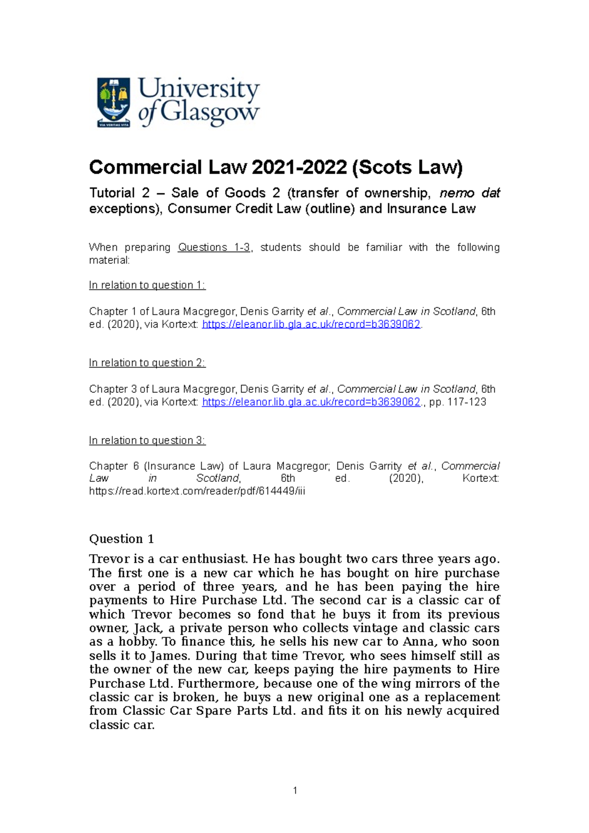 Tutorial 2 - Commercial Law 2021-2022 (Scots Law) Tutorial 2 – Sale of ...