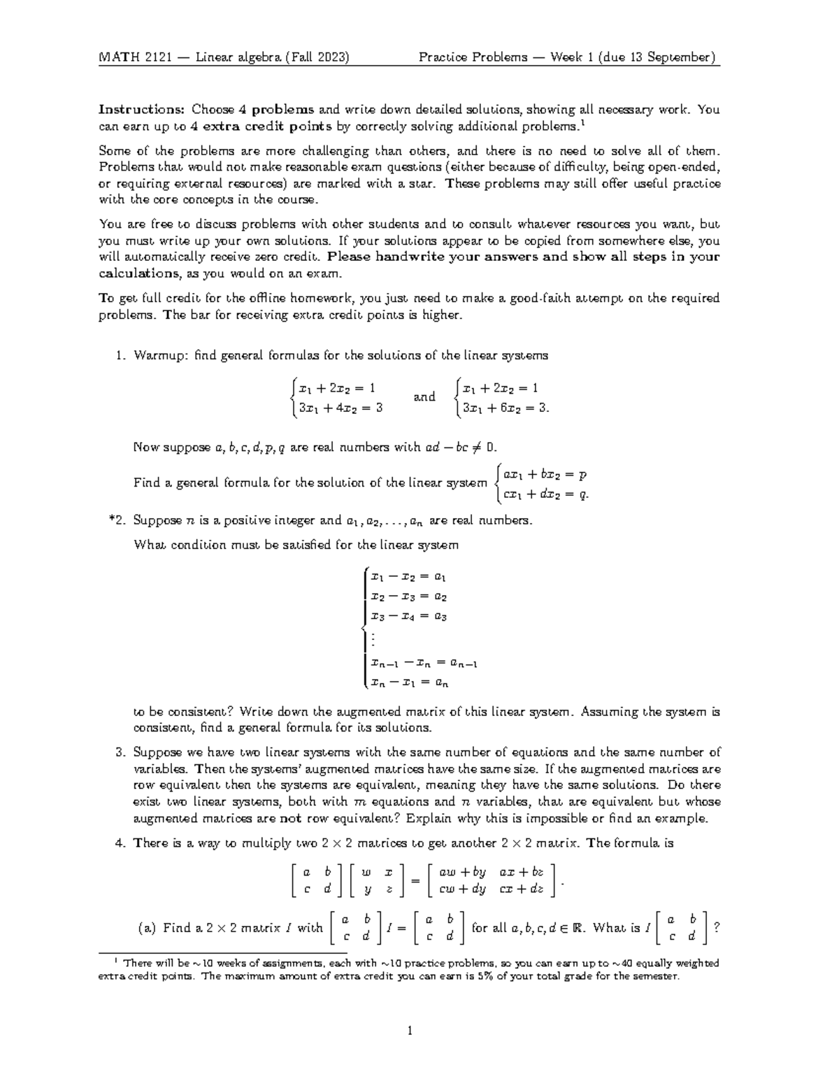 Practice Problems Week01 Math2121 Fall2023 - MATH 2121 — Linear algebra (Fall 2023) Practice ...