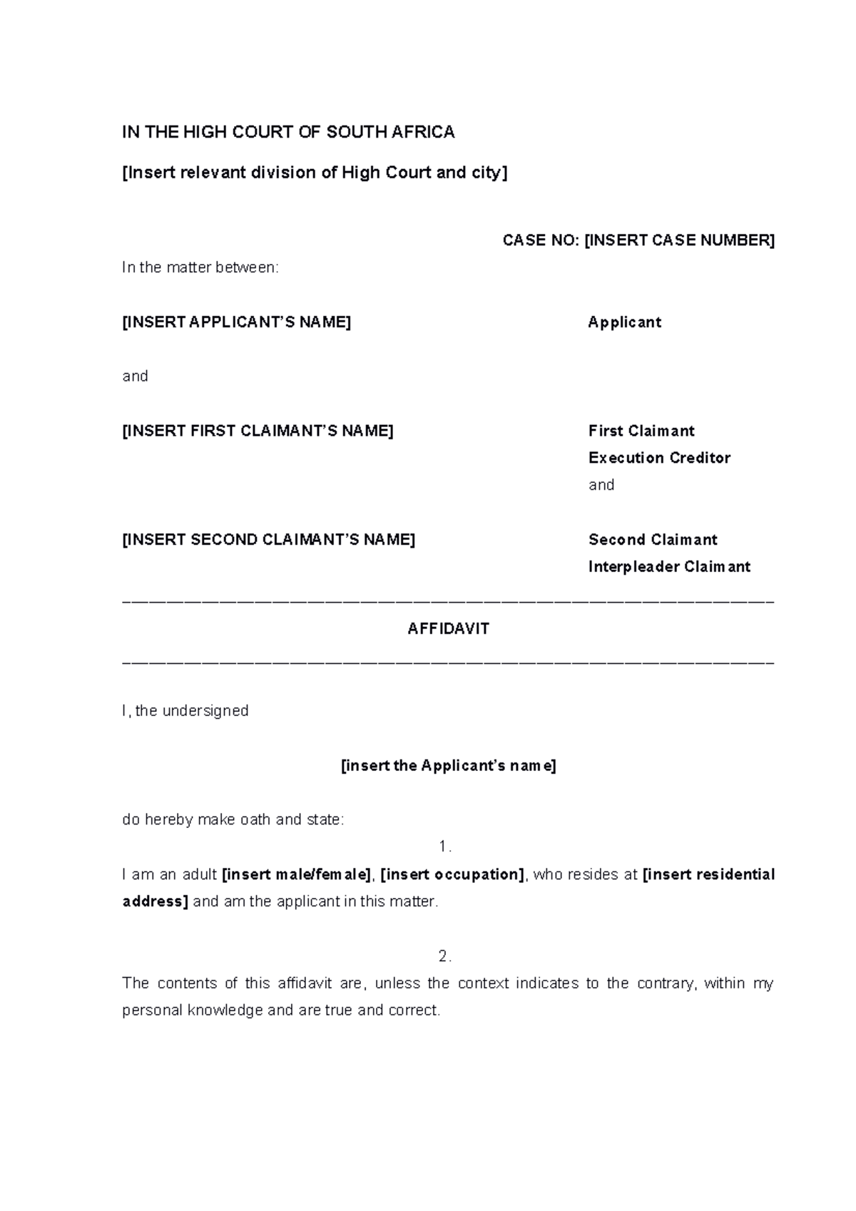 High Court affidavit for interpleader application 2019 - IN THE HIGH ...