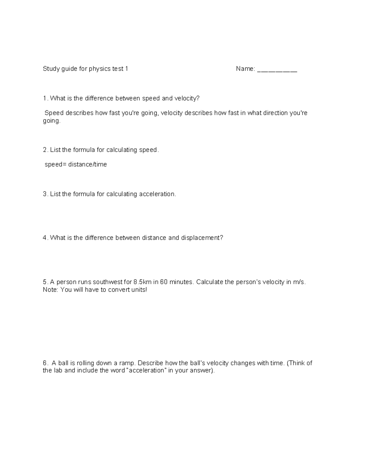Study guide velocity and accleration - Study guide for physics test 1 ...