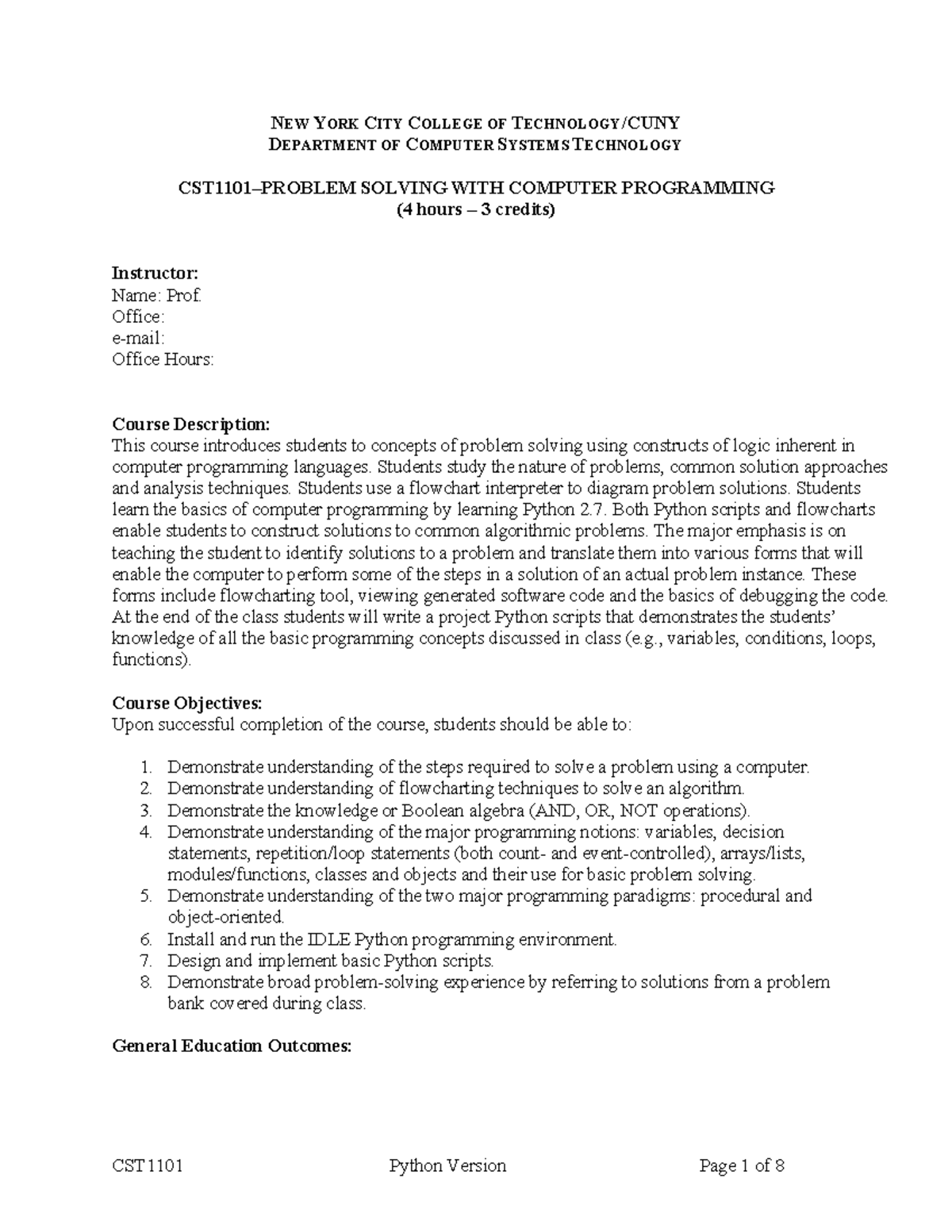 CST1101Syllabus - cst 1101 - NEW YORK CITY COLLEGE OF TECHNOLOGY/CUNY DEPARTMENT OF COMPUTER ...