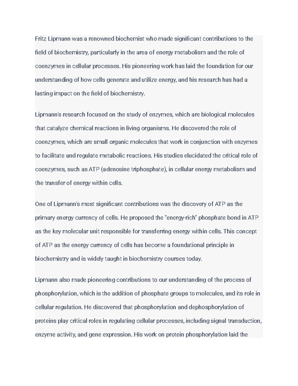 Fritz Lipmann notes - Fritz Lipmann was a renowned biochemist who made ...