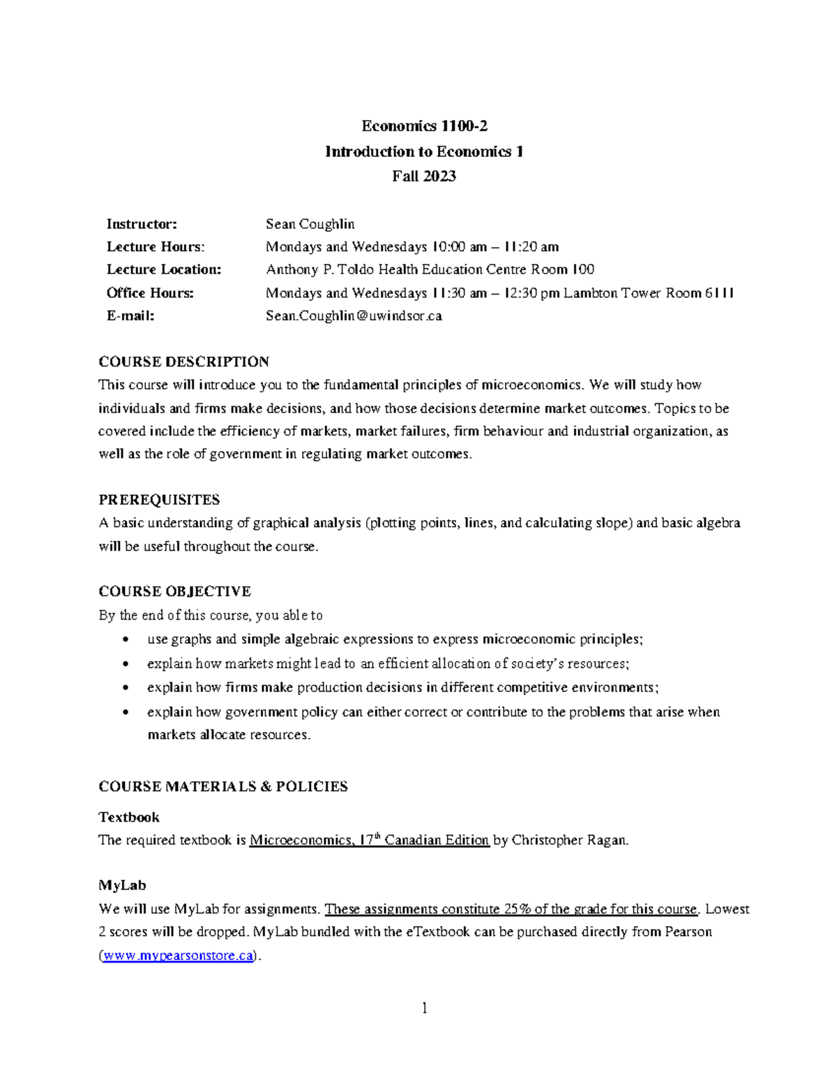 ECON1100 syllabus - Economics 1100- Introduction to Economics 1 Fall ...