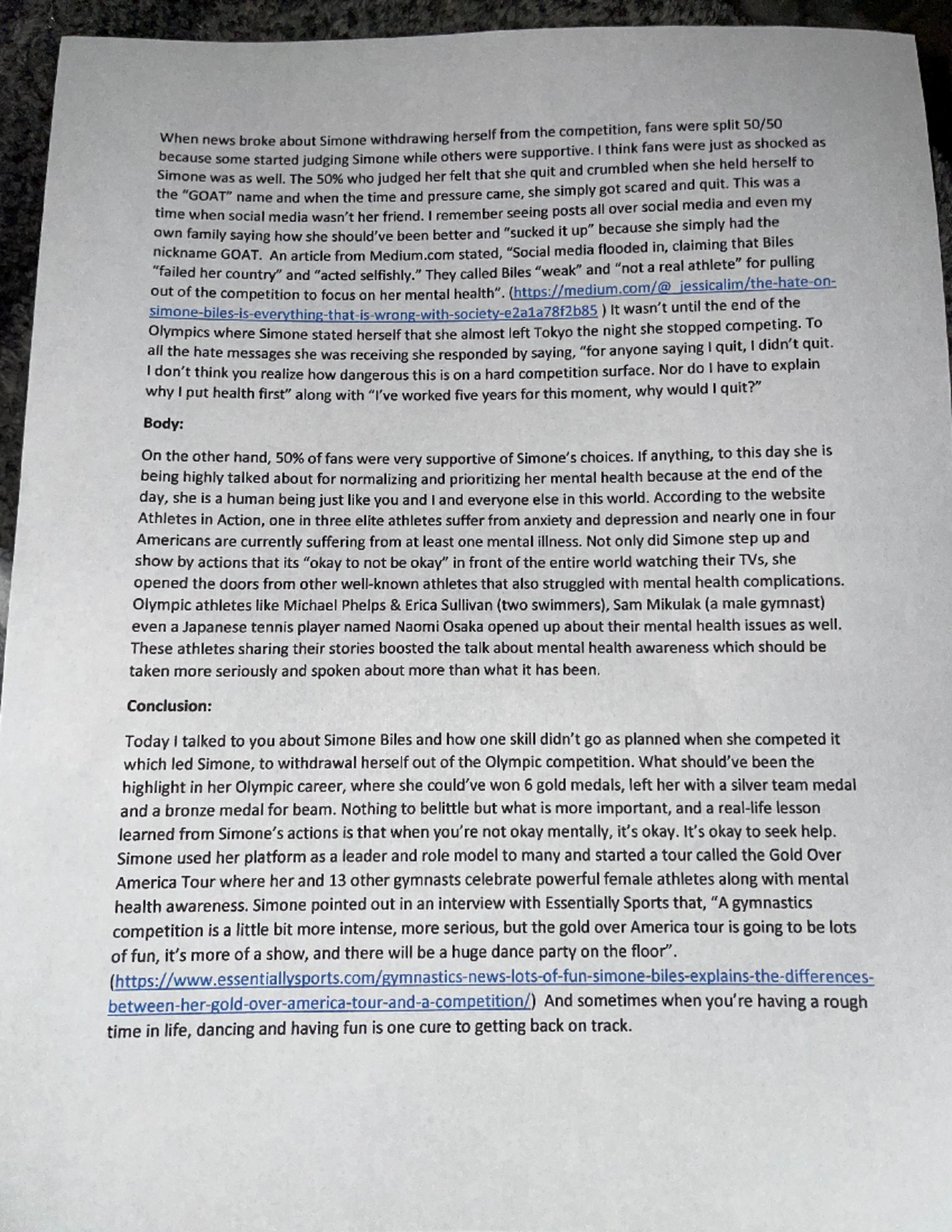 Simone Biles paper 2 - Current Event speech example, this is the ...