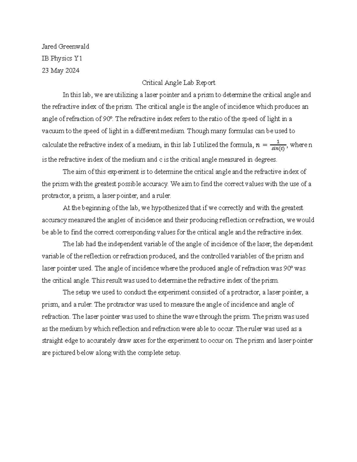 Critical angle lab IA - Jared Greenwald IB Physics Y 23 May 2024 Critical Angle Lab Report In ...
