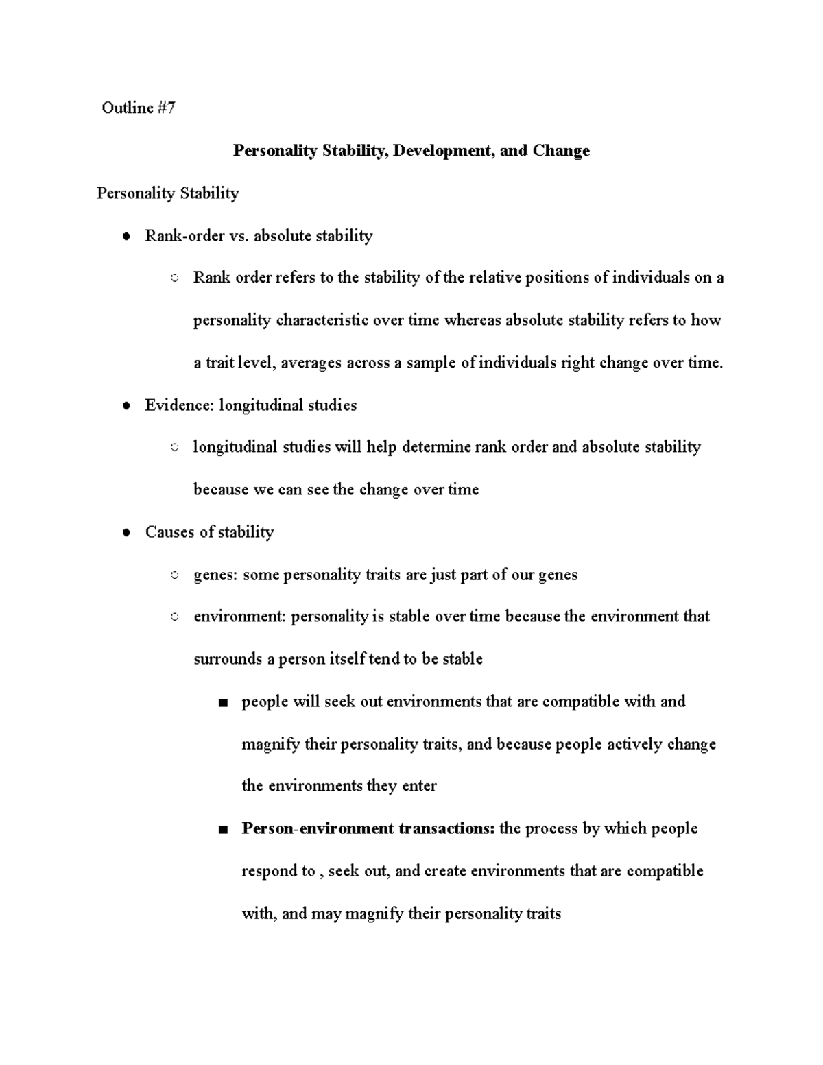 Chpater 7- psych 150 - Outline # Personality Stability, Development, and Change Personality ...