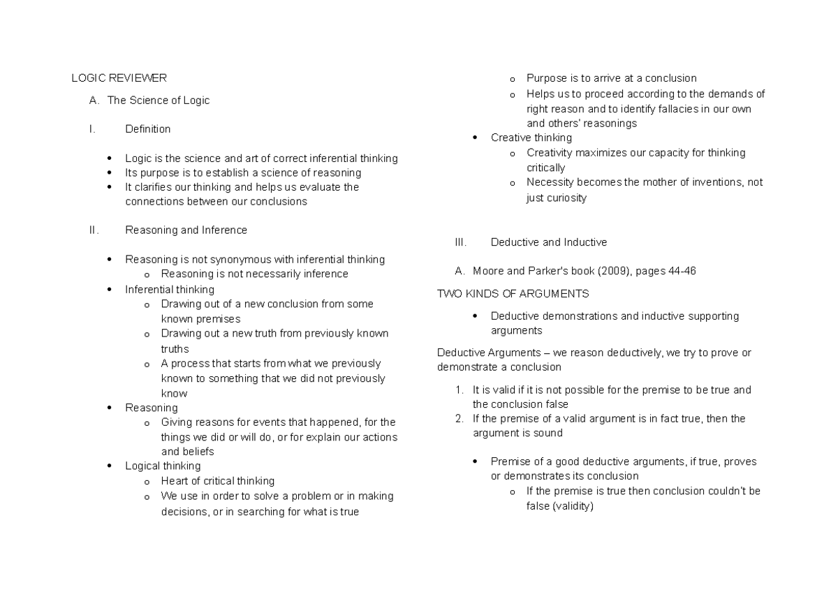Logic Summary - LOGIC REVIEWER A. The Science of Logic I. Definition ...