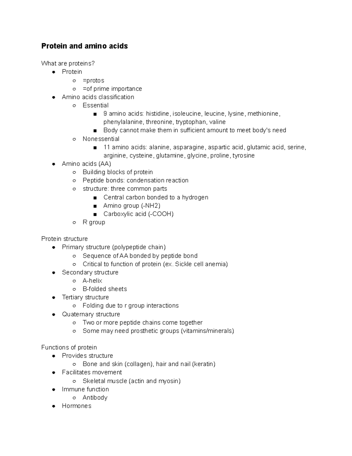 Ch. 9 notes - Protein and amino acids What are proteins? Protein ...