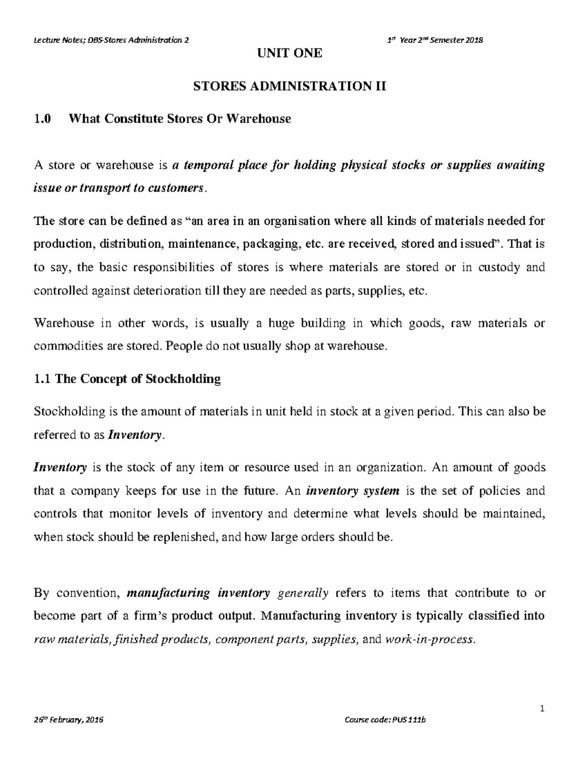 401237179 DBS Stores ADM Lecture Notes II docx - 1 UNIT ONE STORES ...