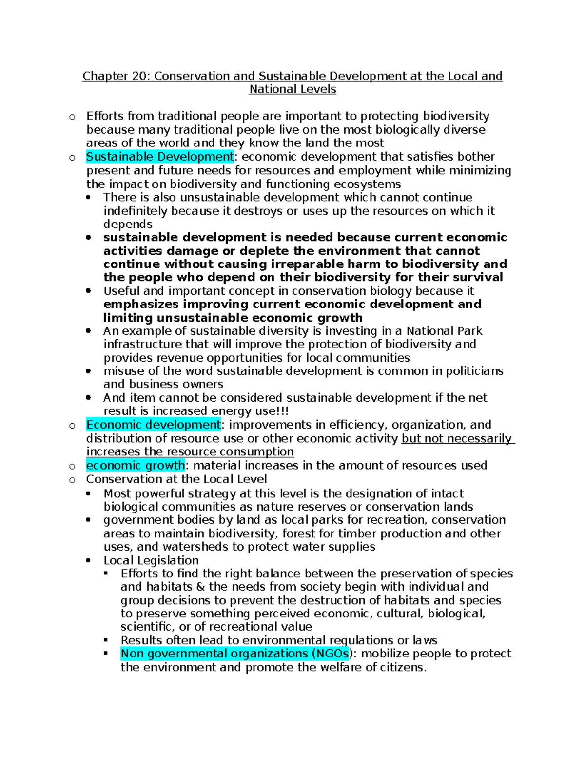 Chapter 20 Notes - Chapter 20: Conservation and Sustainable Development ...