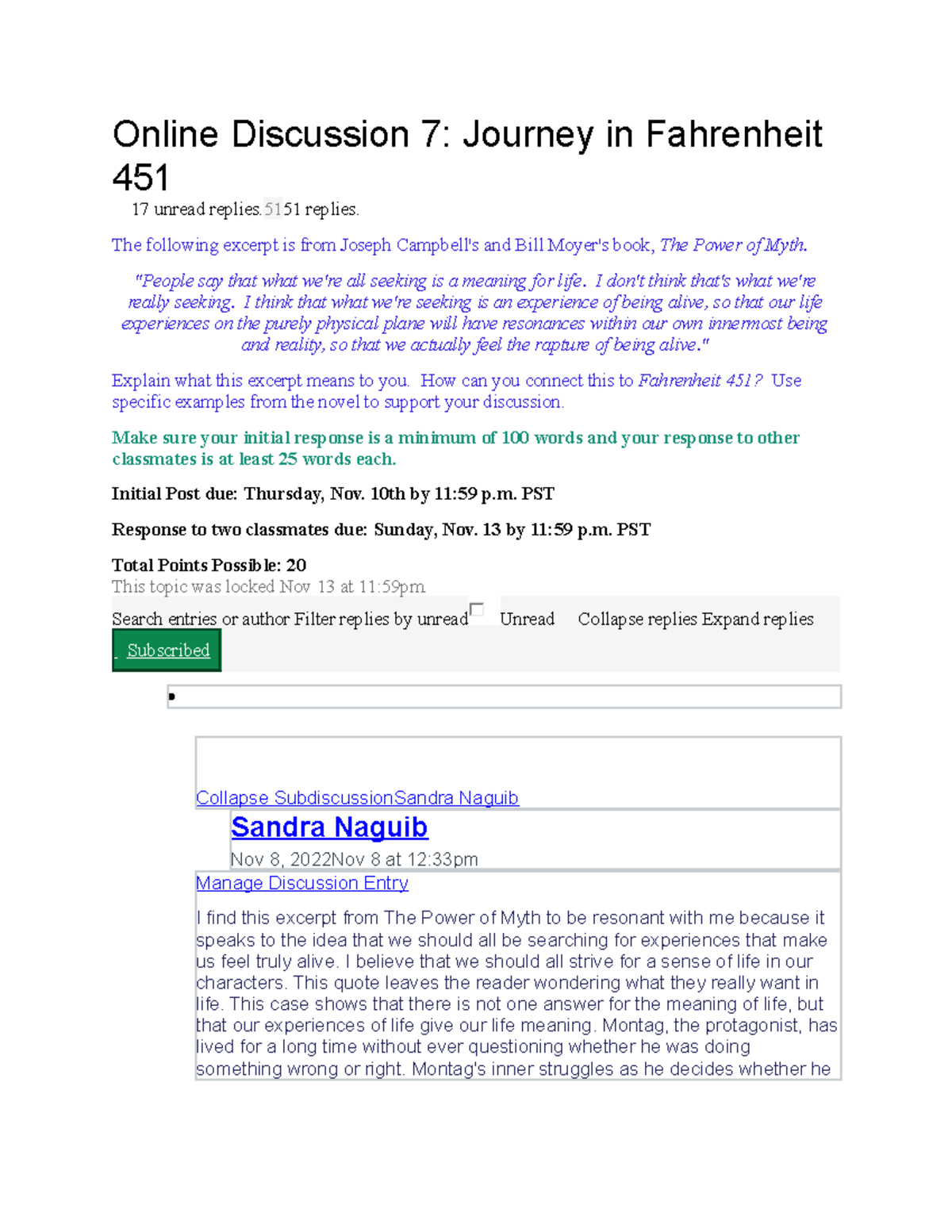 Discussion 7 Journey in Fahrenheit 451 - Online Discussion 7: Journey ...