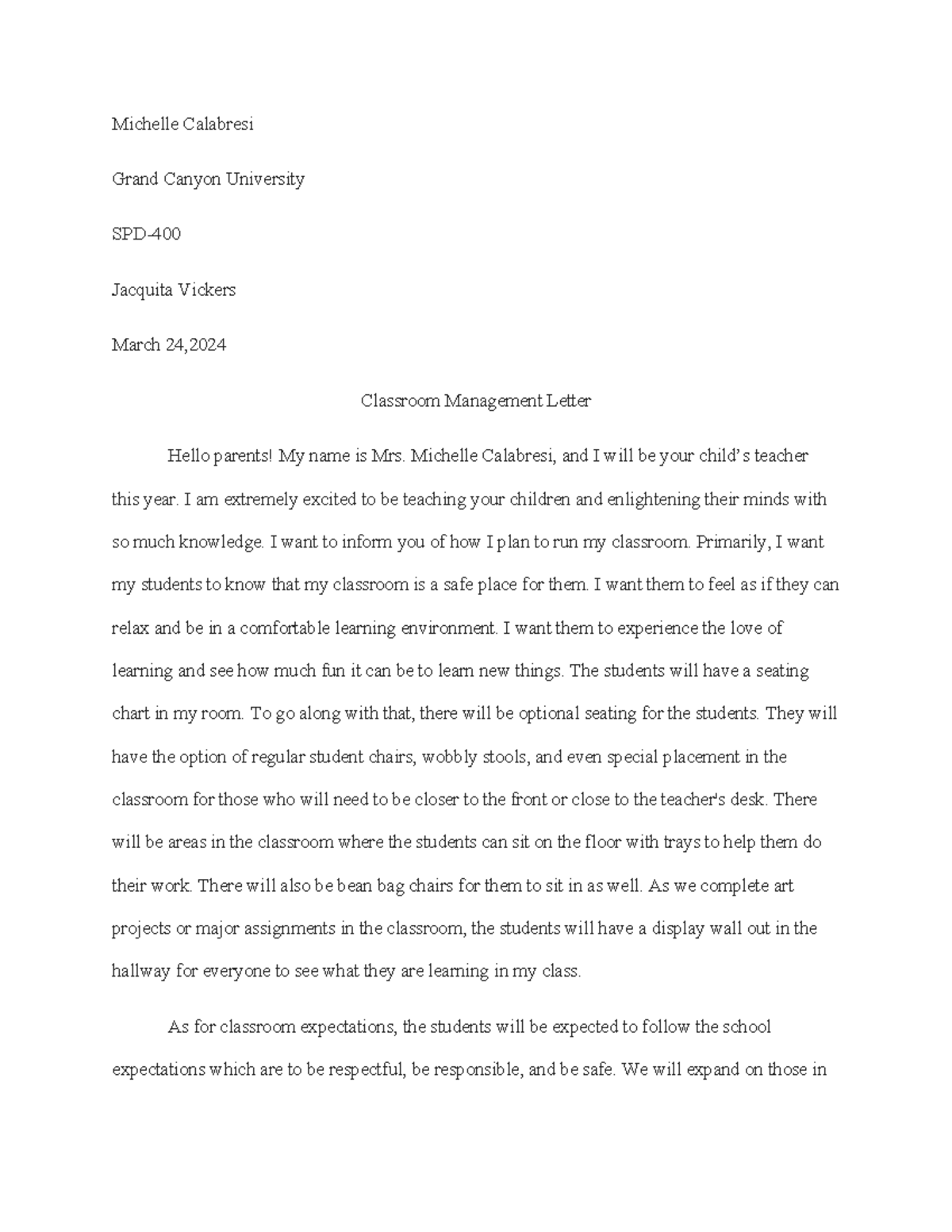 Classroom Managment Letter - Michelle Calabresi Grand Canyon University ...