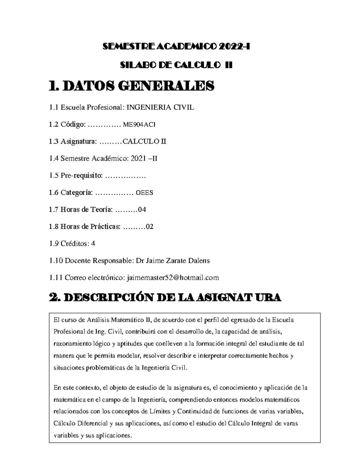 Silabo Calculo - dsadsad - SEMESTRE ACADEMICO 2022 - I SILABO DE ...
