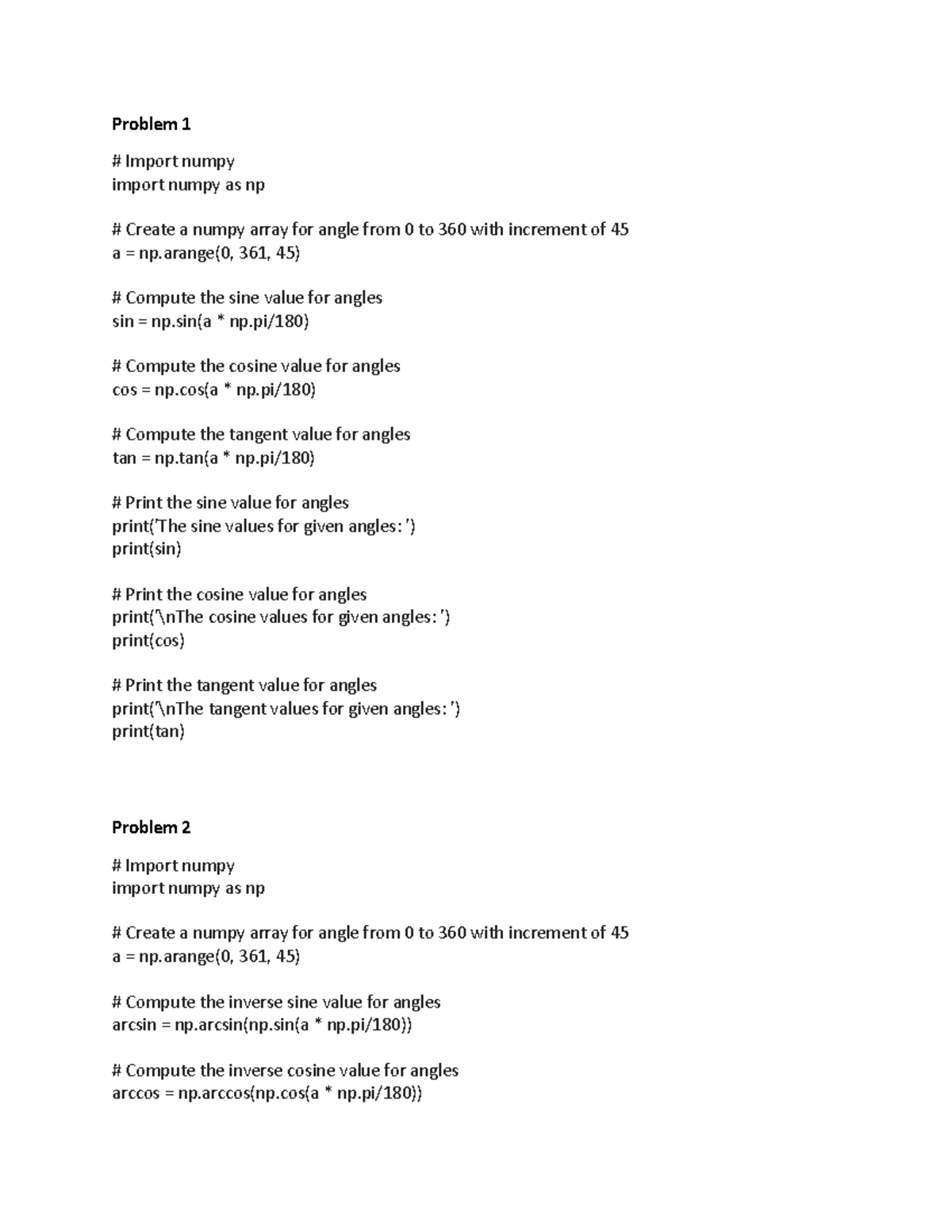 Eet207 23 Assignment Problem 1 Import Numpy Import Numpy As Np Create A Numpy Array For Angle 2521