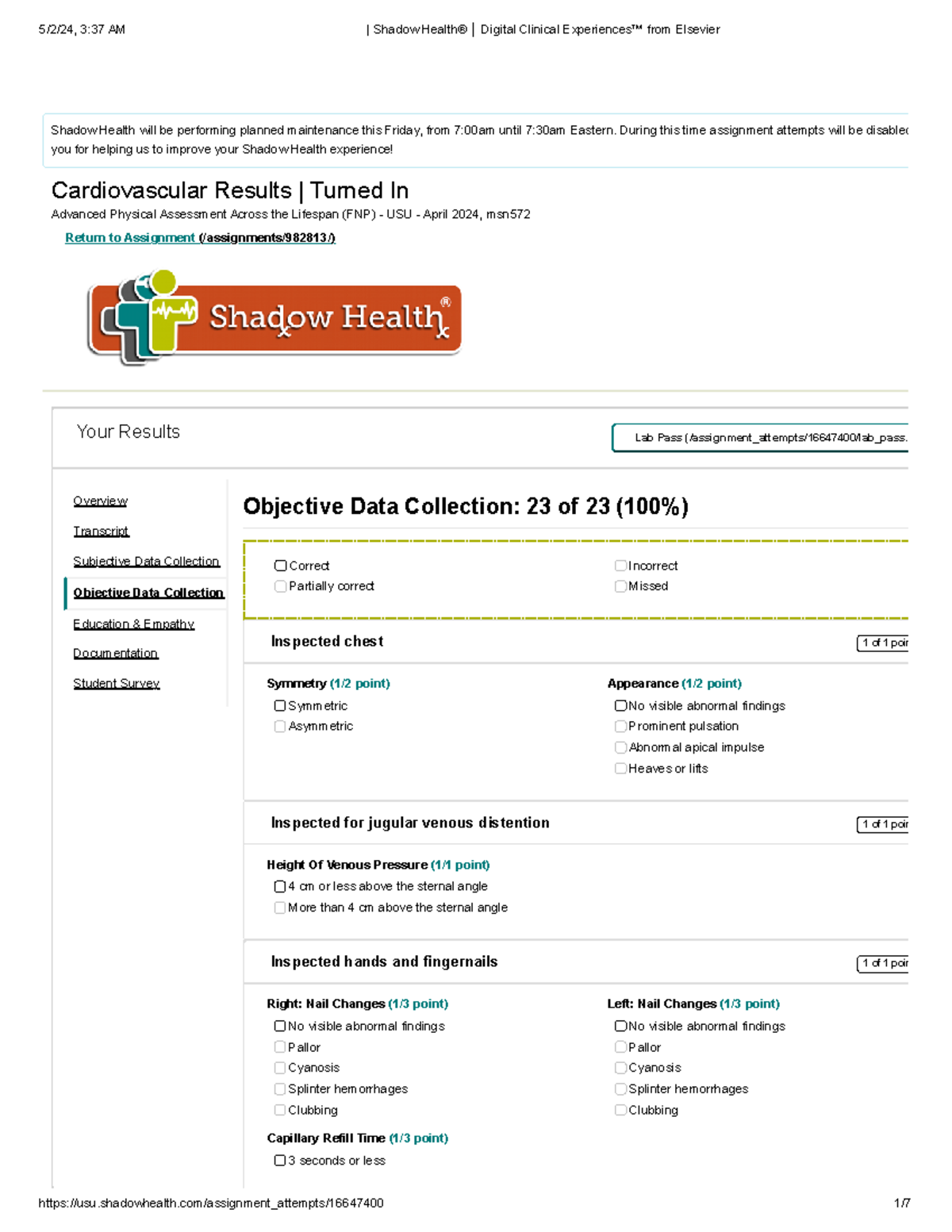 Shadow Health Cardiovascular Objective - Cardiovascular Results ...