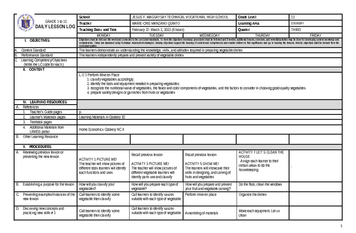 DLL- Cookery 12- Quarter-3 week2 - GRADE 1 to 12 DAILY LESSON LOG ...
