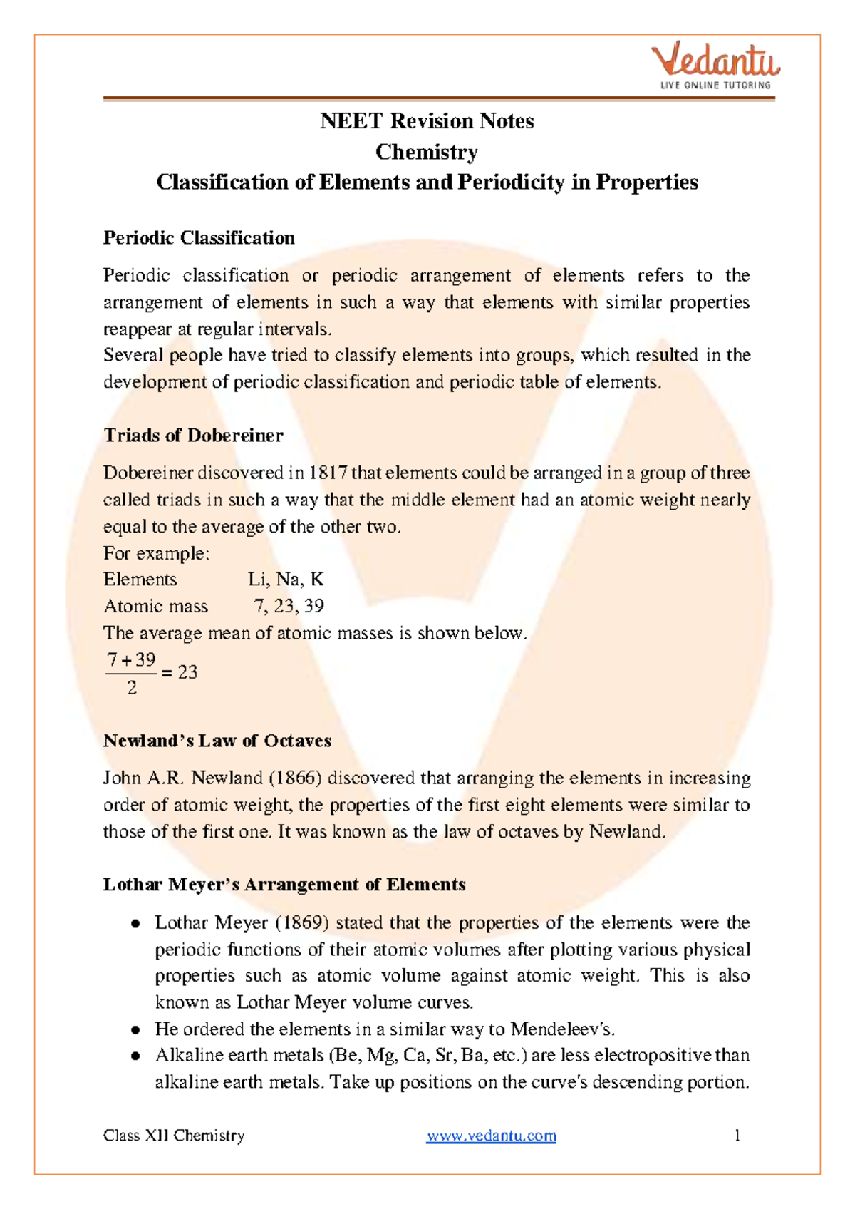 Revision Notes on Classification of Elements and Periodicity in ...
