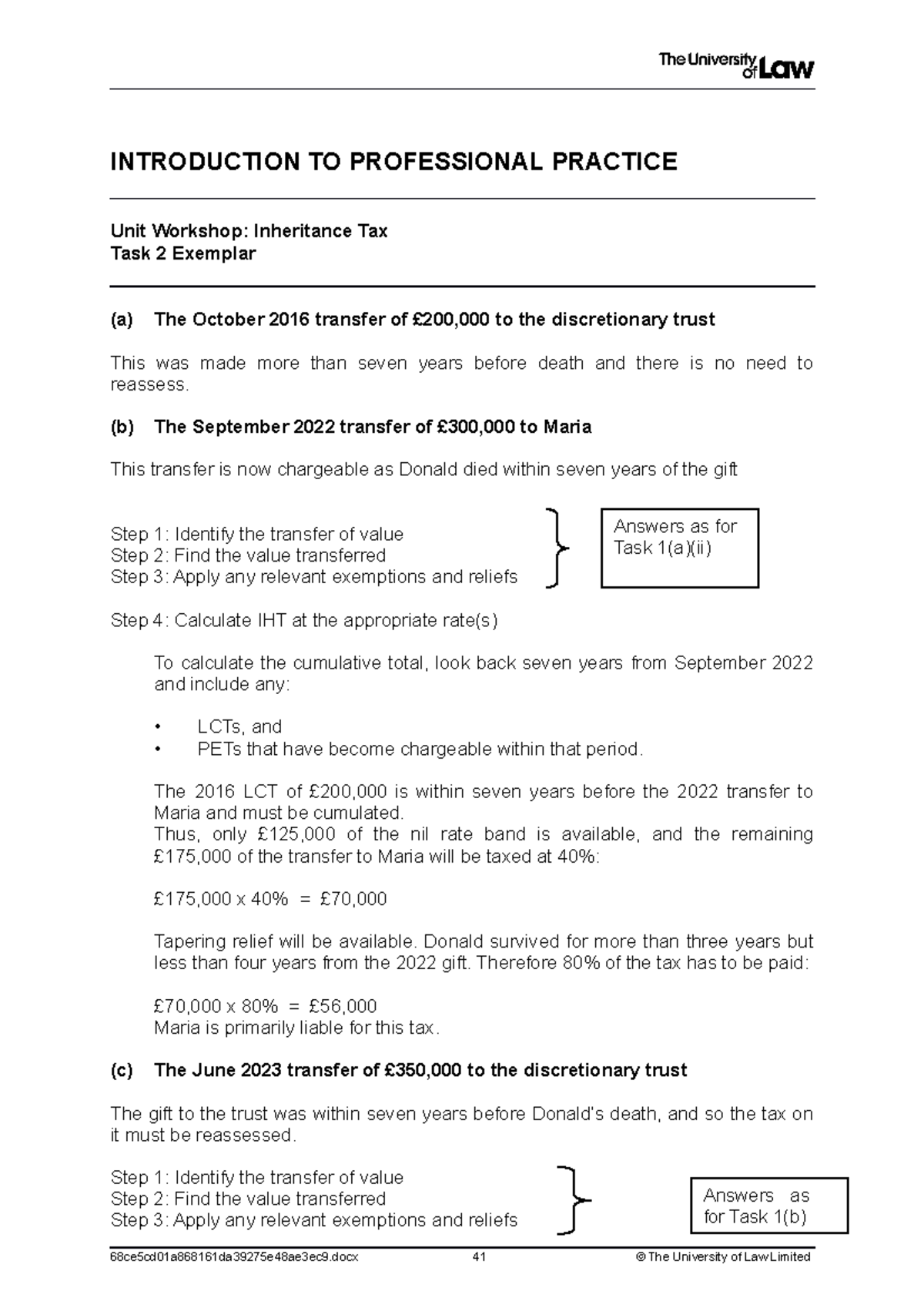 Inheritance tax - INTRODUCTION TO PROFESSIONAL PRACTICE Unit Workshop: Inheritance Tax Task 2 ...