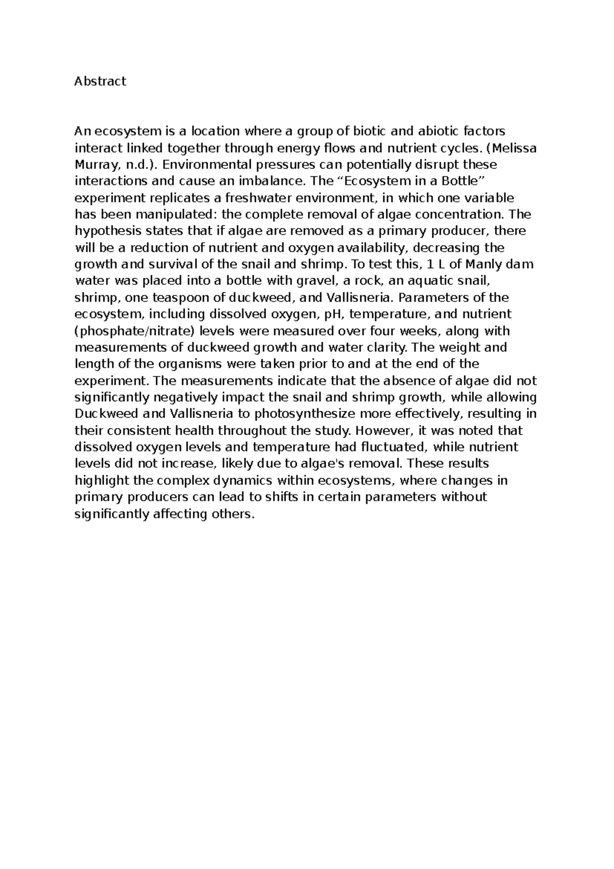 Nature and Evolution Abstract assessment task 1 - Abstract An ecosystem ...