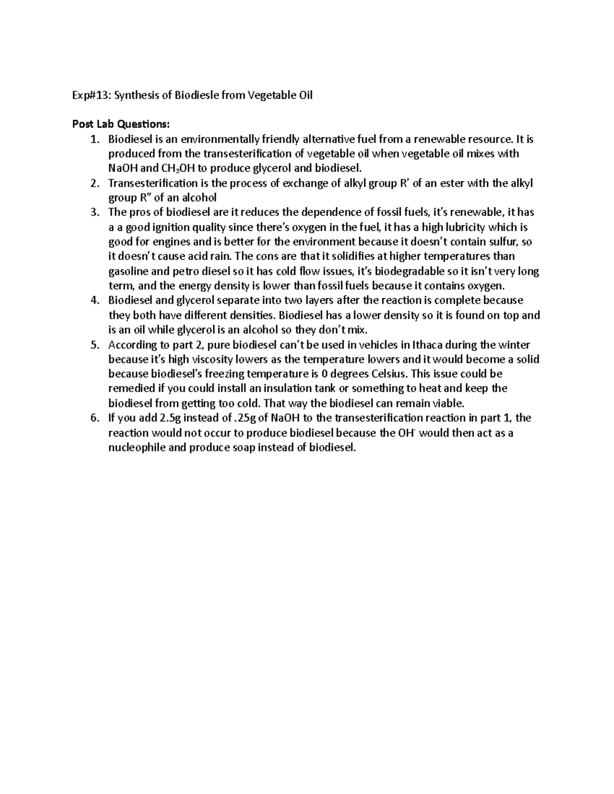 Post Lab Questions Chemistry Answers Post-lab Questions 5 Fi