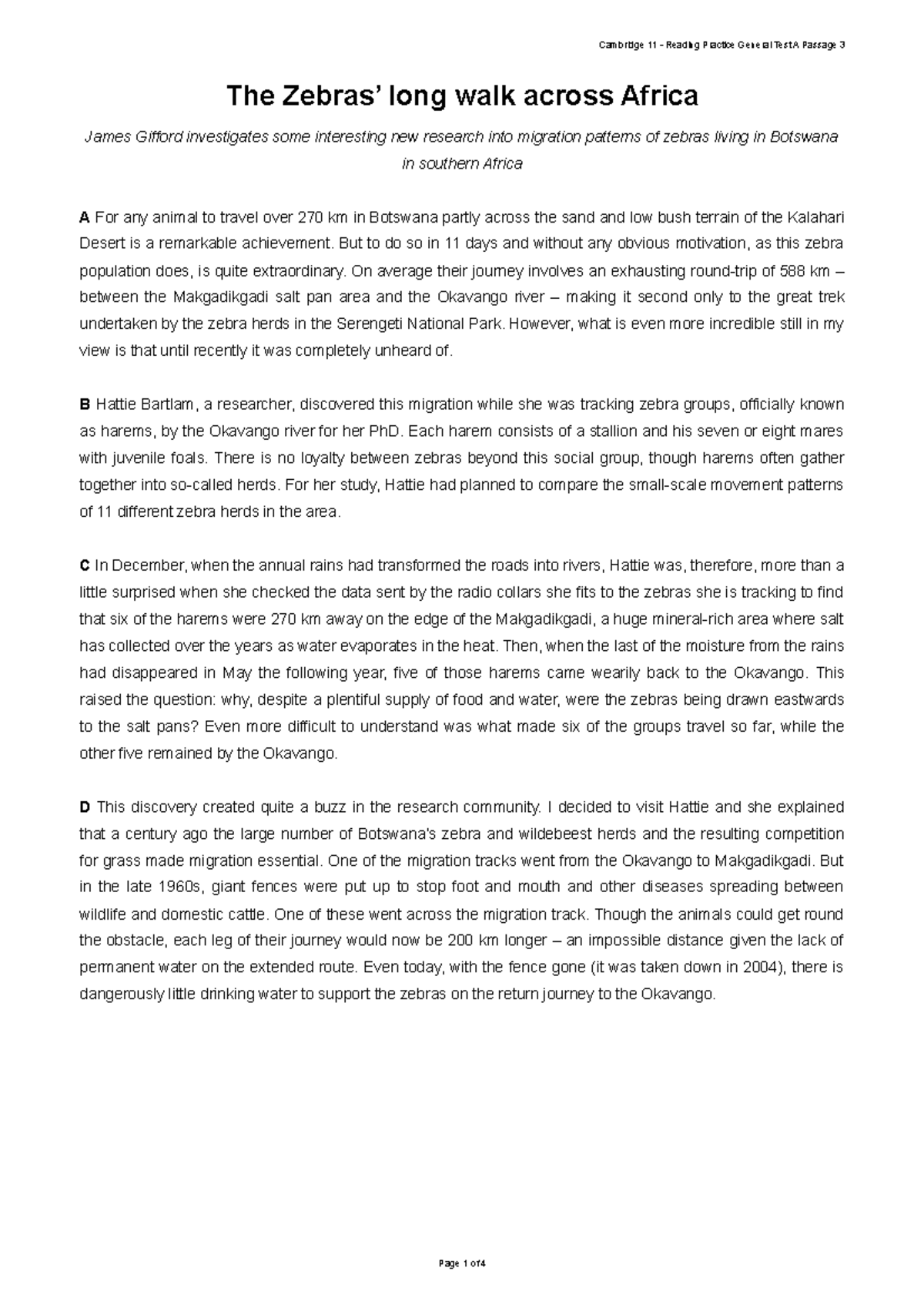 Cambridge 11 Reading Practice General Test A Passage 3 The Zebras Long ...